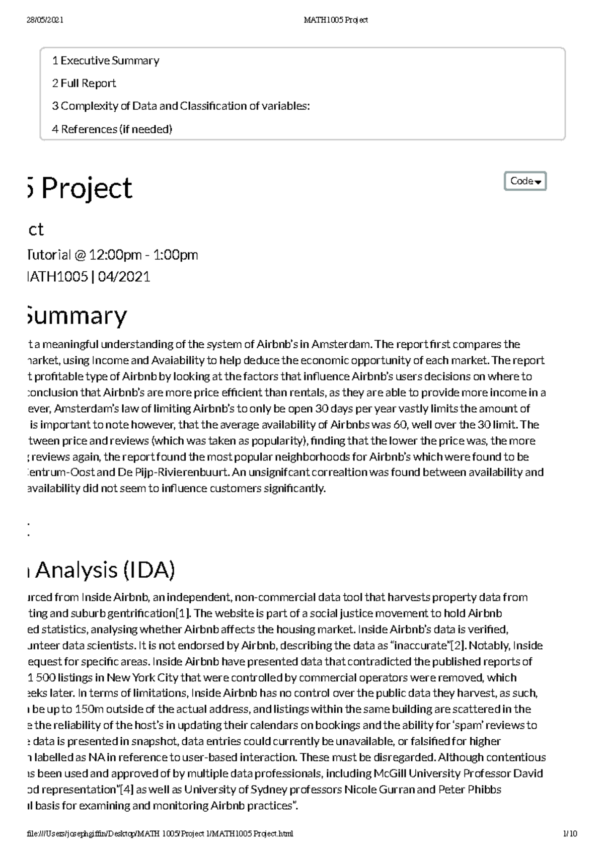 MATH1005 Project 1 Group assignment - 2 Full Report 3 Complexity of Data and Classication of ...