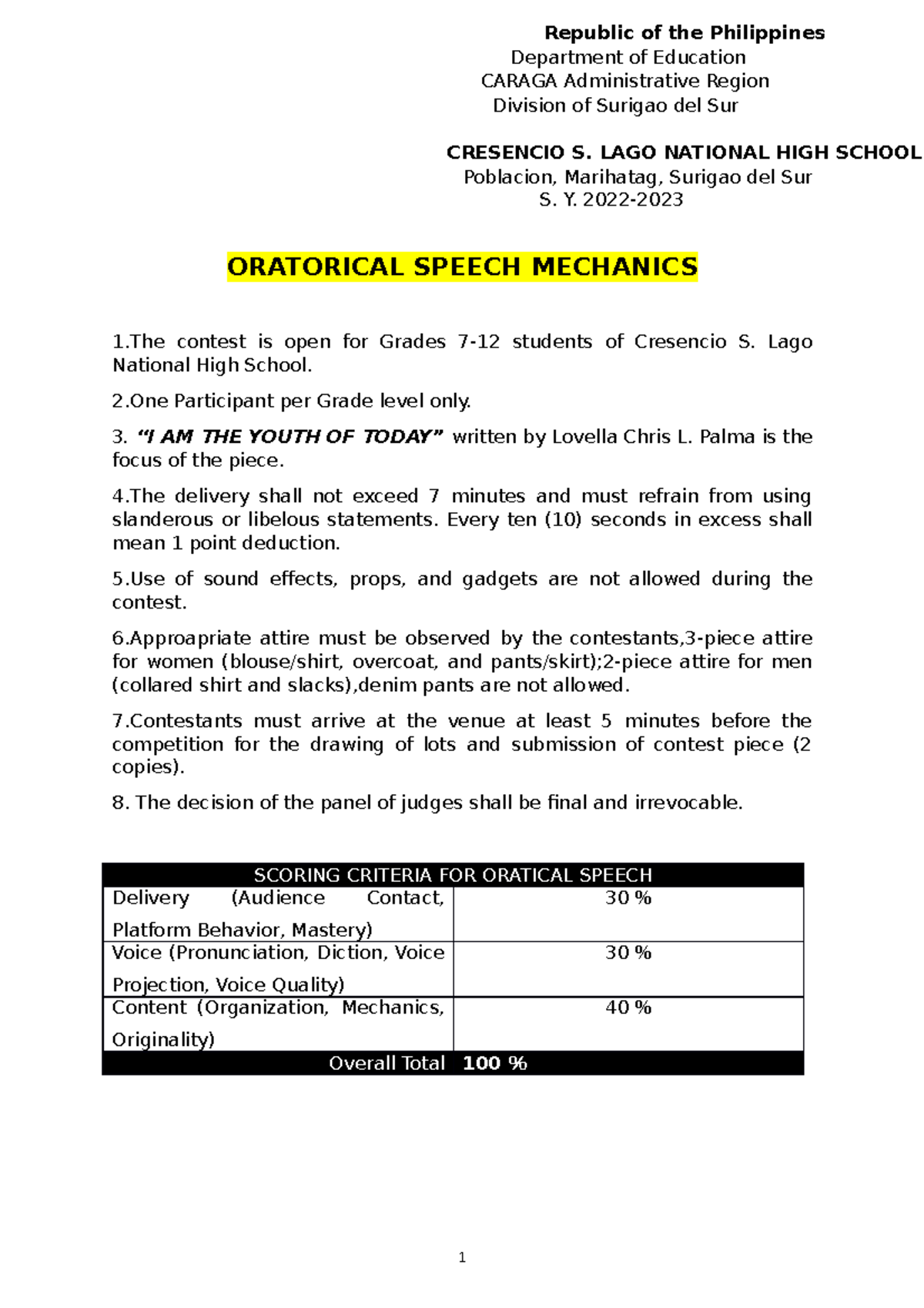 Mechanics Oration and Extemptoraneous - Department of Education CARAGA ...