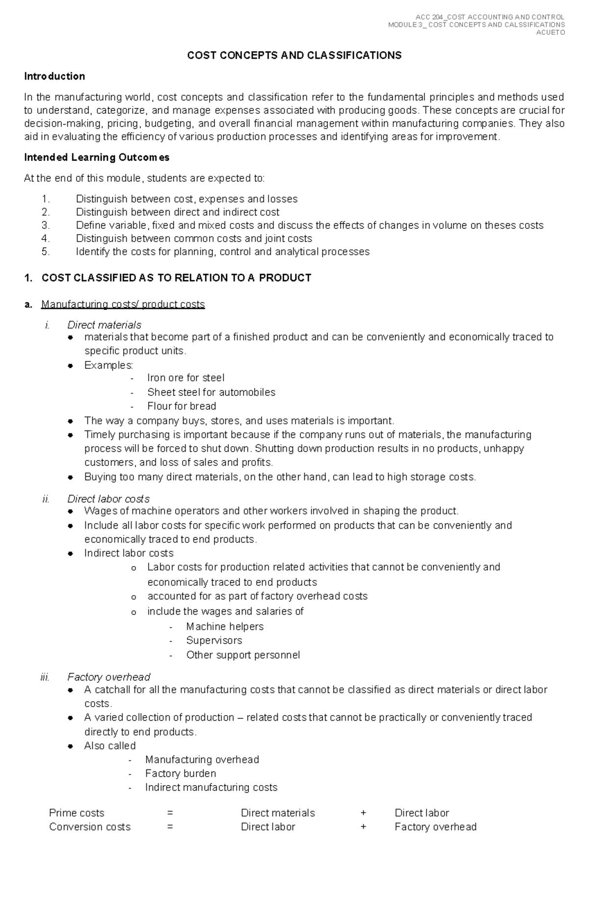 Module 3 COST Concepts AND Classifications - MODULE 3_ COST CONCEPTS AND CALSSIFICATIONS ACUETO ...