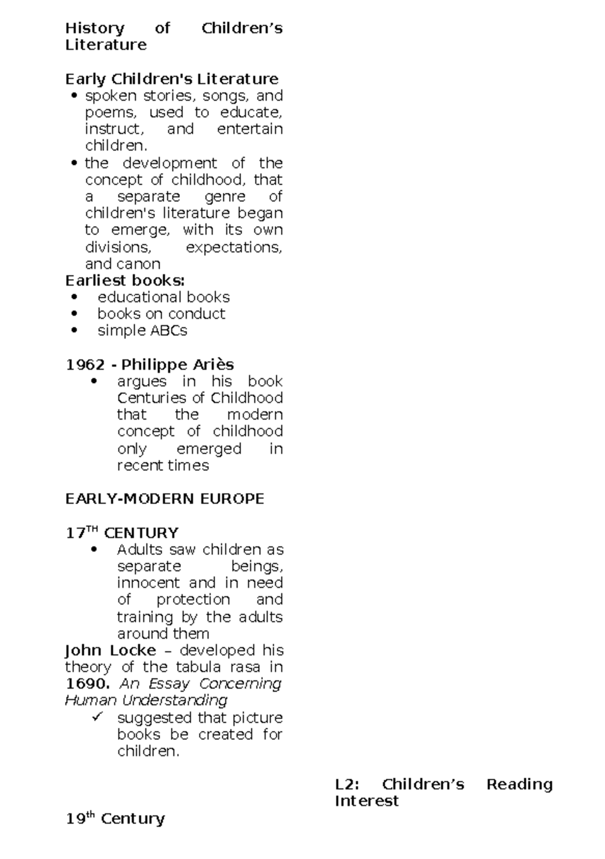 L1 -l2 notes - History of Children’s Literature Early Children's ...