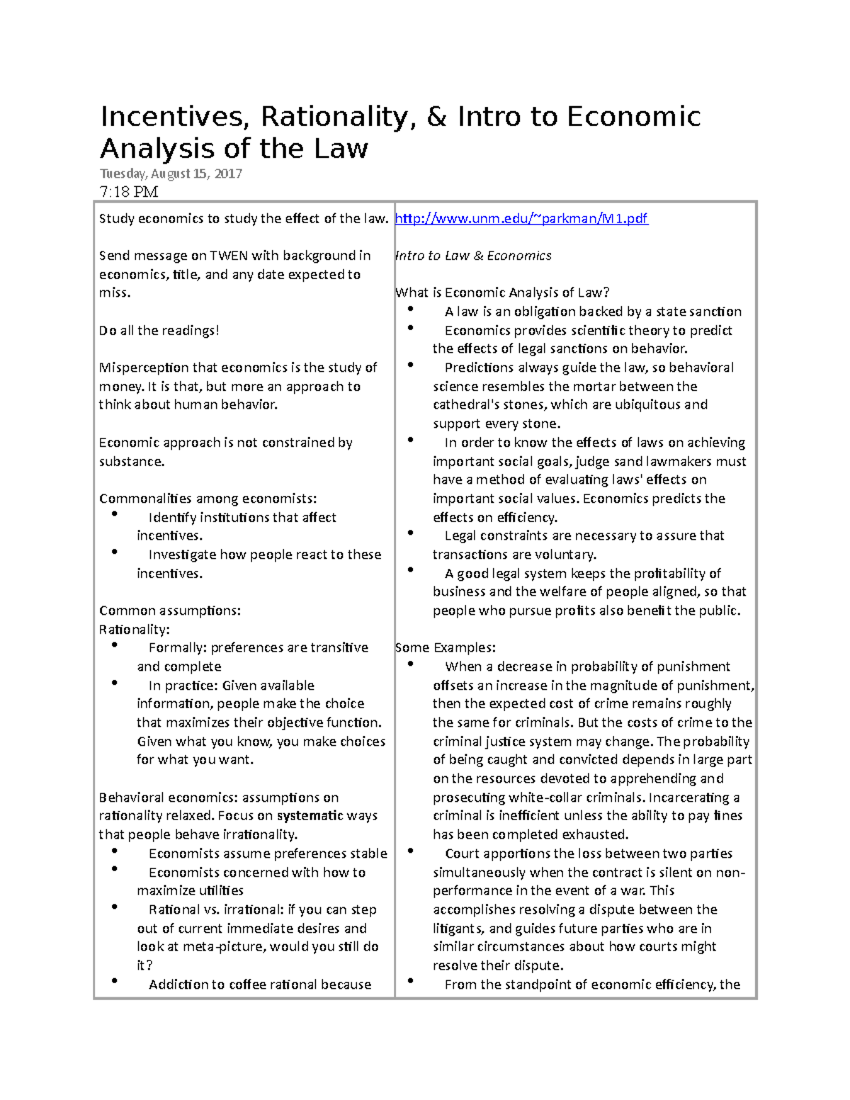 Law and Economics Notes - Incentives, Rationality, & Intro to Economic ...