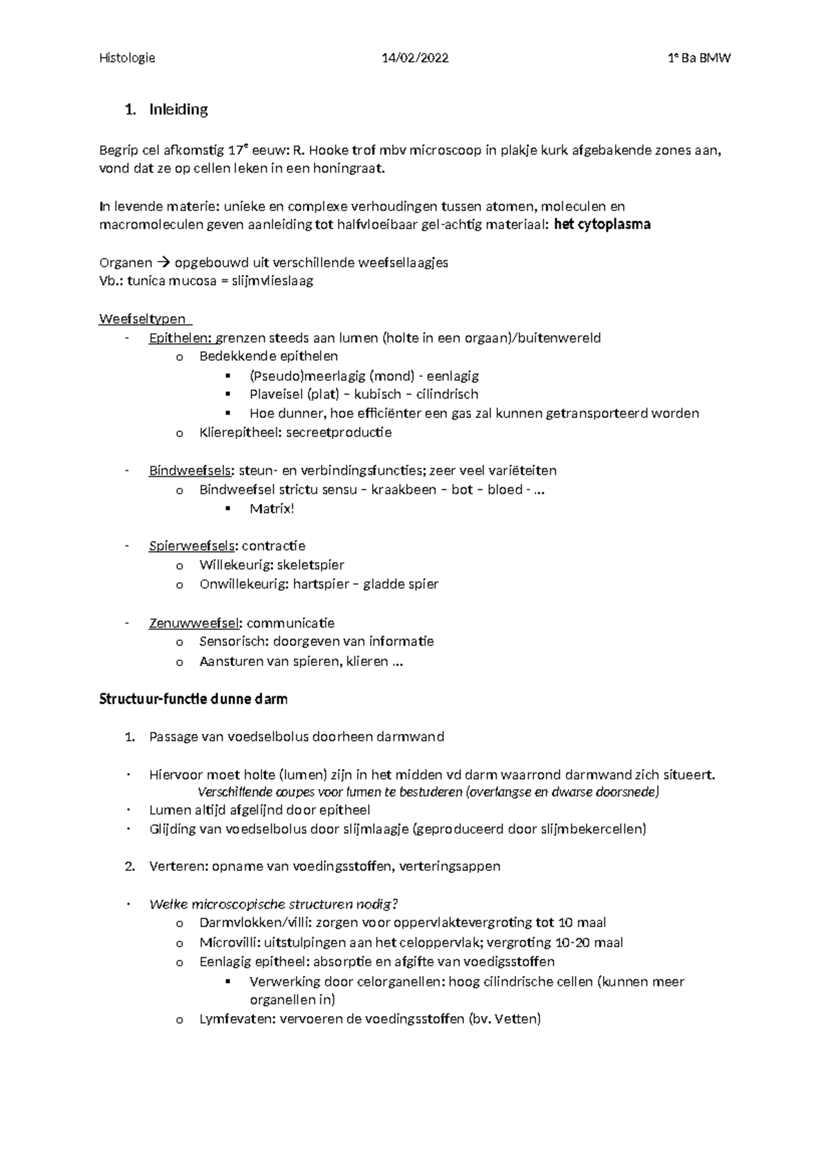 Les 1 - Notities eerste les histologie - Histologie 14/02/2022 1 e Ba ...