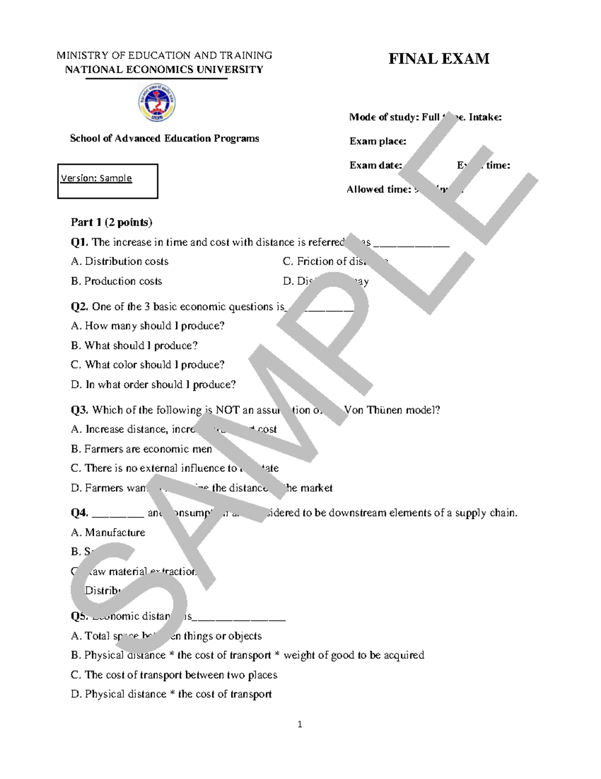 Final exam question (Sample) - 1 MINISTRY OF EDUCATION AND TRAINING ...