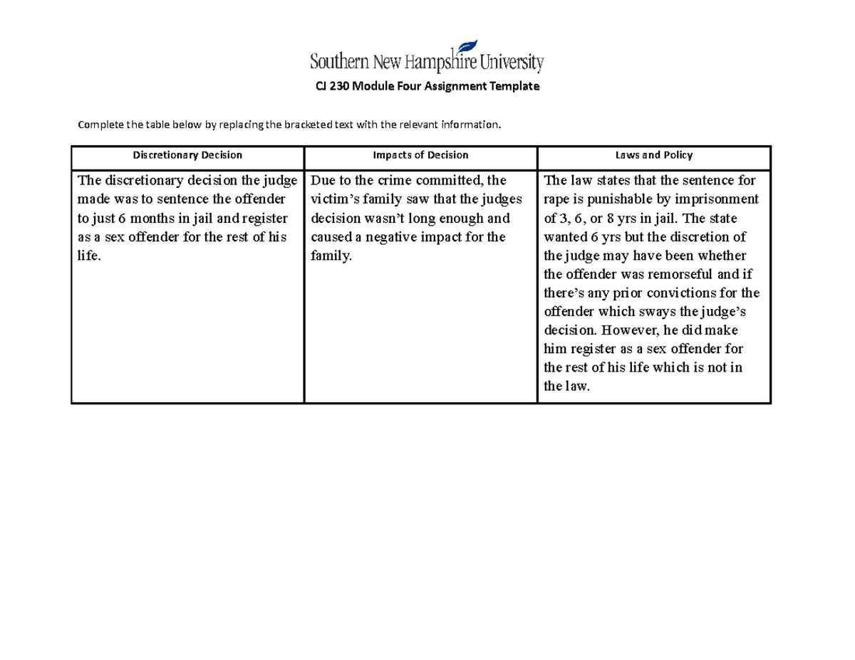 CJ 230 Module Four Assignment - Discretionary Decision Impacts of ...
