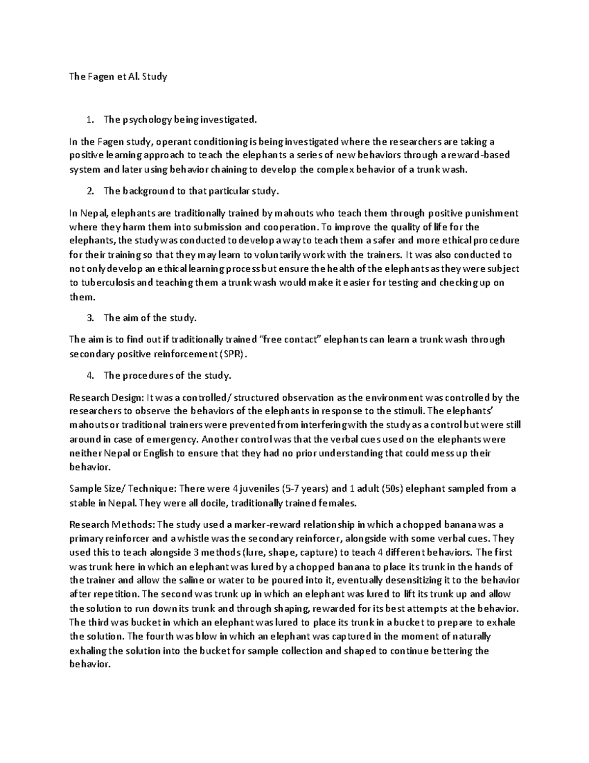 Fagen Study Summary - The Fagen et Al. Study 1. The psychology being ...