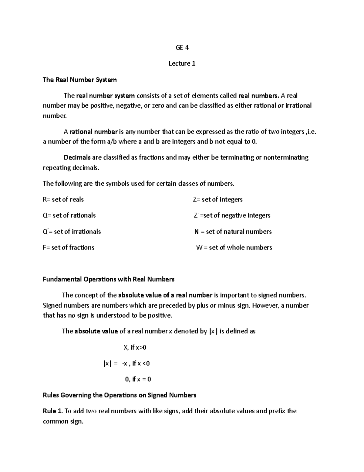 GE 4 - Lecture notes 1 - GE 4 Lecture 1 The Real Number System The real ...