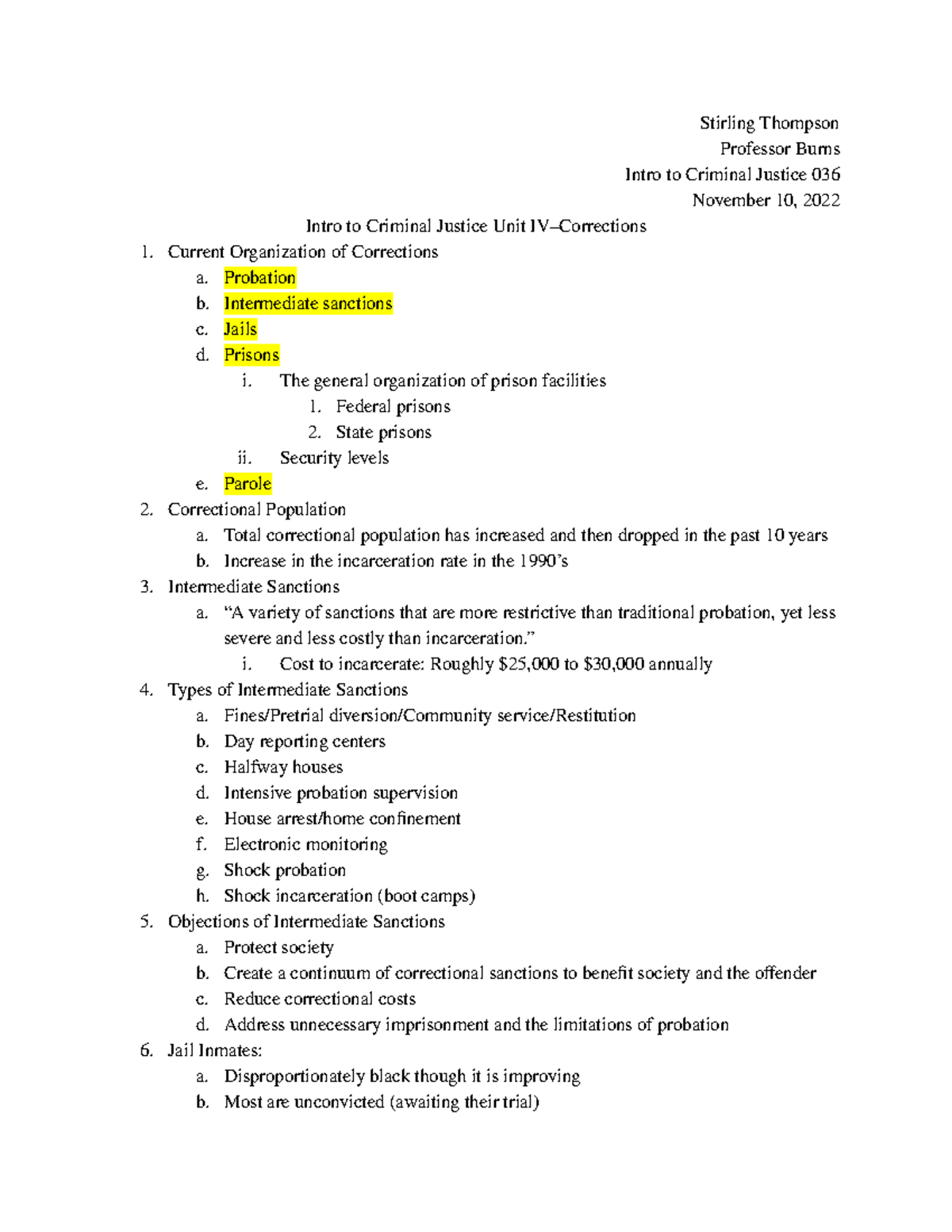 Intro to Criminal Justice Unit IV–Corrections - Stirling Thompson ...