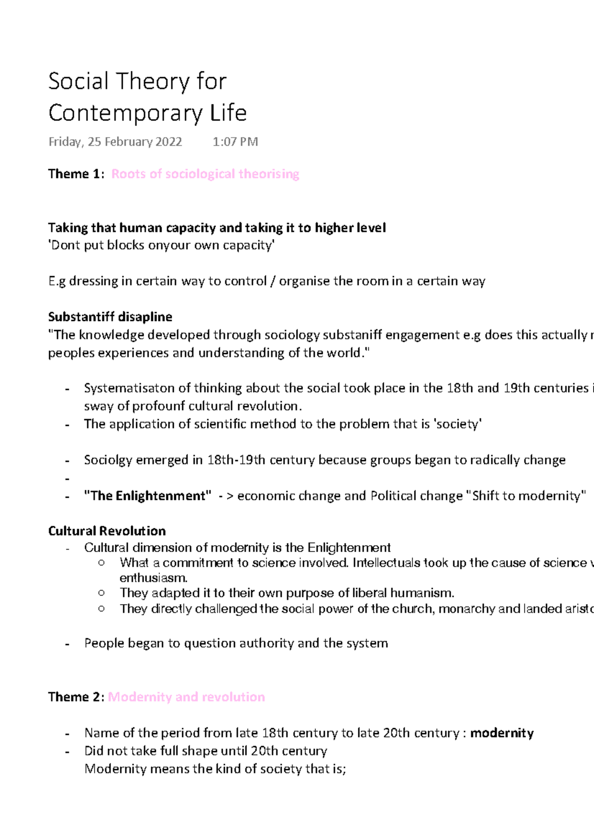 Lect 2 Notes - Social Theory for Contemporary Life - Theme 1: Roots of ...