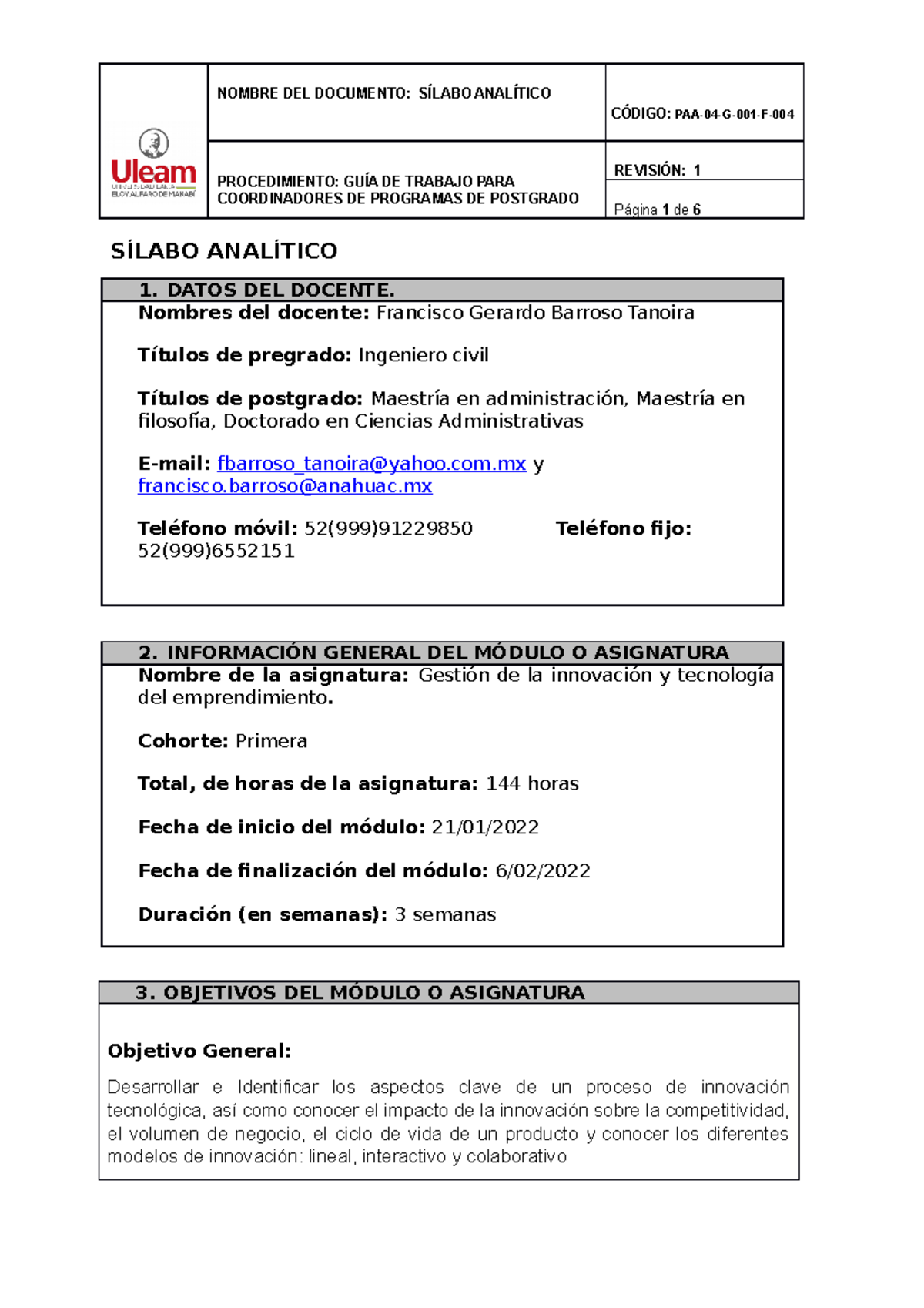 1. Sílabo Analítico - GEST DE LA Innov Y TEC Emprend (22012 1) sin firma - CÓDIGO: PAA-04-G-001 ...