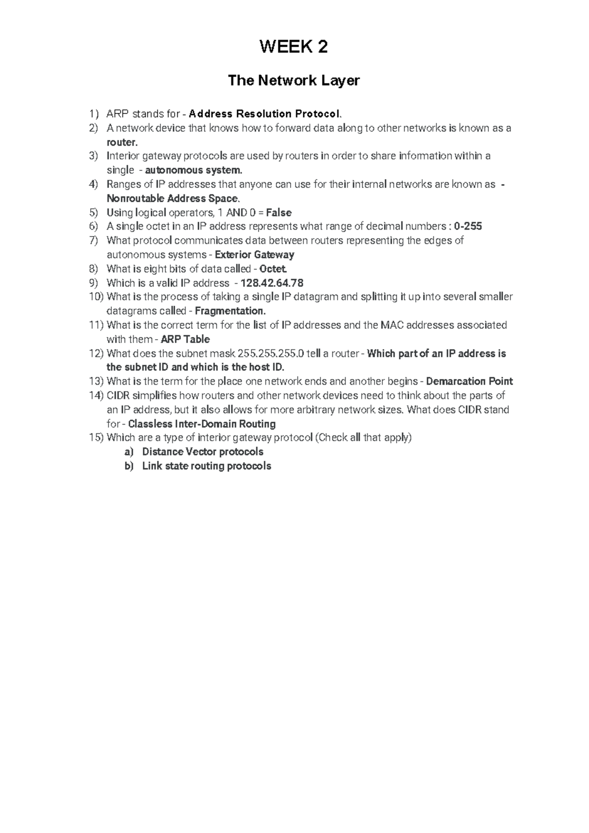 Week 2 - Graded Quiz Answers - WEEK 2 The Network Layer ARP stands for - Address Resolution ...
