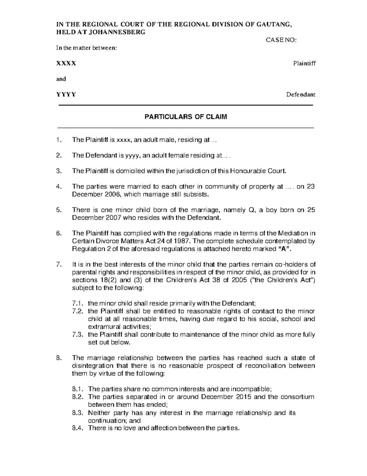 Precedent Divorce Proceedings - IN THE REGIONAL COURT OF THE REGIONAL ...
