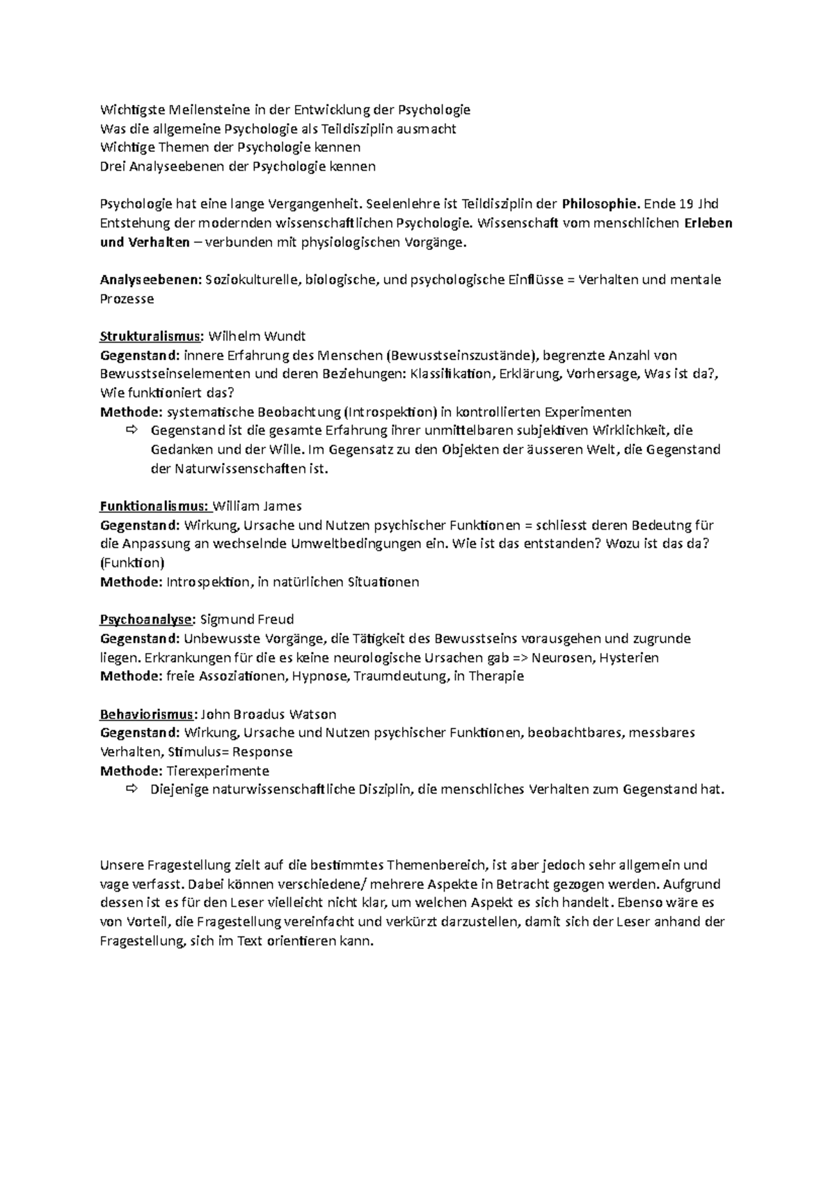 Allgemeine Psychologie Zusammenfassung 1. Semester alle UES - Wichtigste Meilensteine in der ...