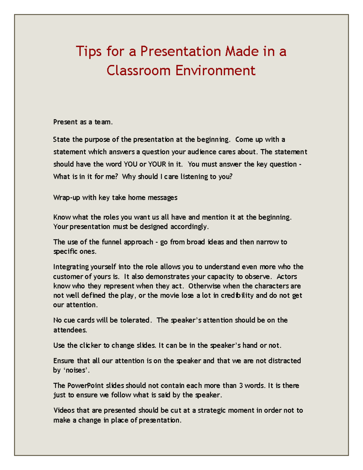 Tips for a presentation made in a classroom environment - Tips for a ...