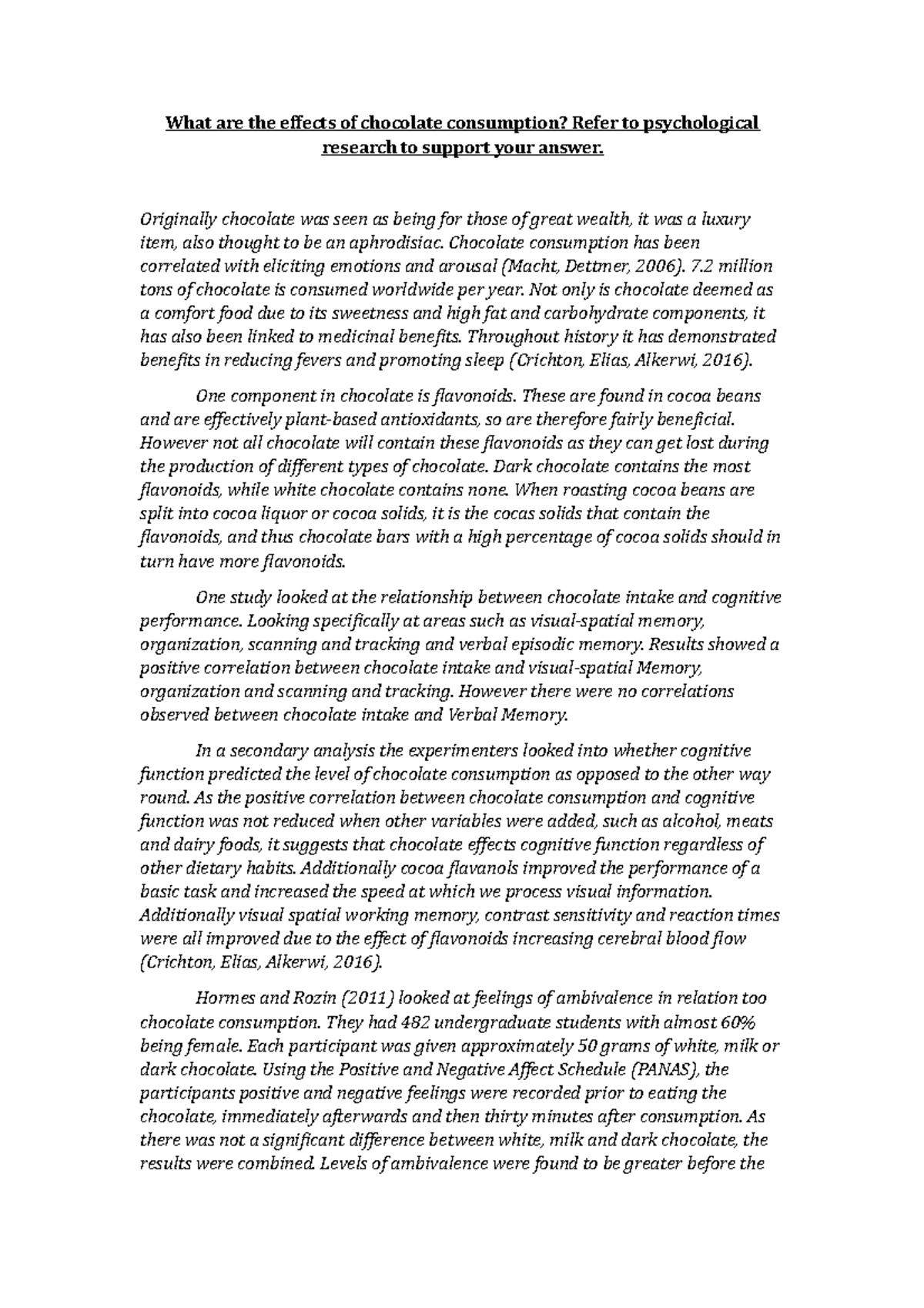 Essay 2 - What are the effects of chocolate consumption? Refer to ...