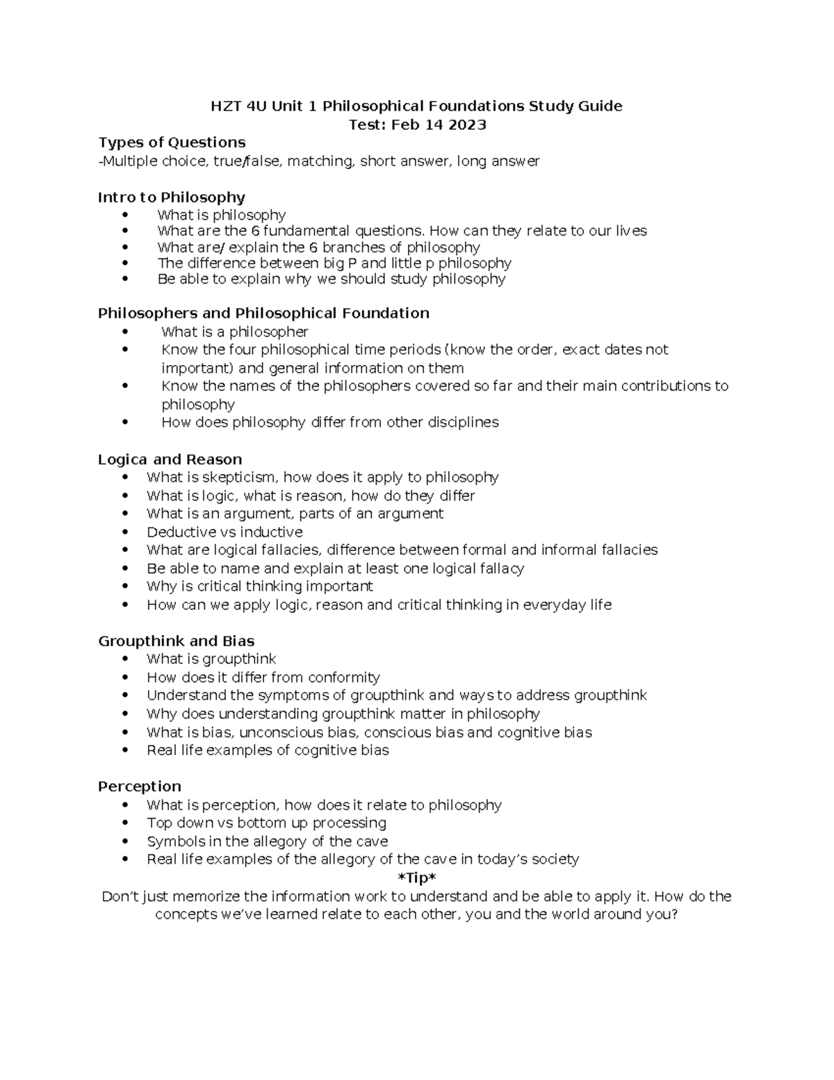 HZT 4U Unit 1 Review Guide - HZT 4U Unit 1 Philosophical Foundations ...