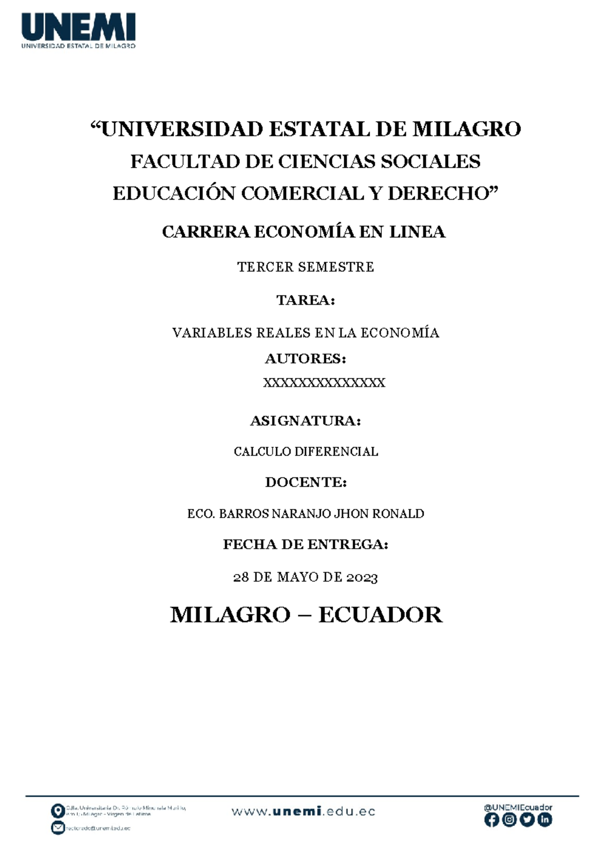 Calculo tarea - “UNIVERSIDAD ESTATAL DE MILAGRO FACULTAD DE CIENCIAS ...