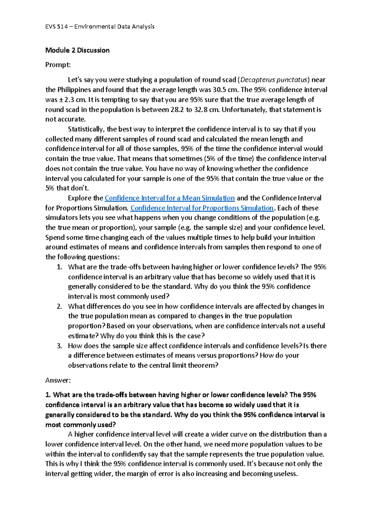 Module 2 Discussion - Confidence Intervals - EVS 514 – Environmental Data Analysis Module 2 ...