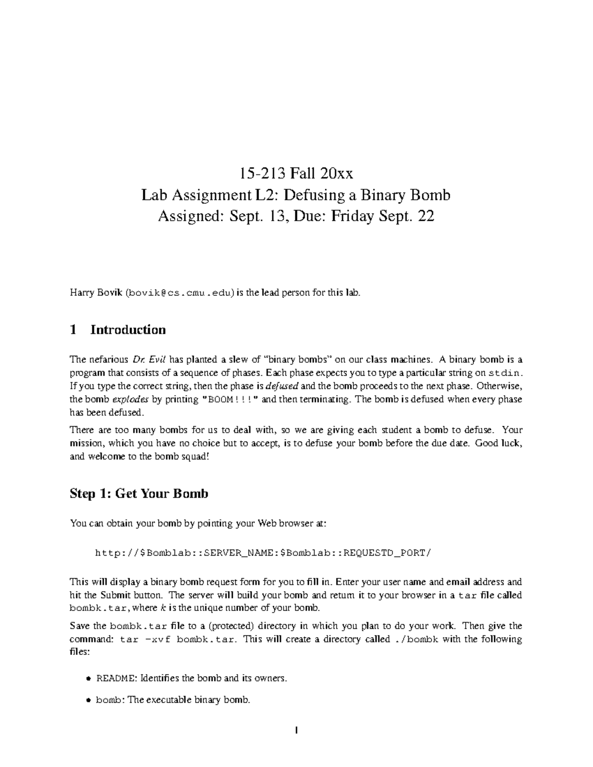 Bomblab - Bomb lab handout - 15-213 Fall 20xx Lab Assignment L2: Defusing a Binary Bomb Assigned ...