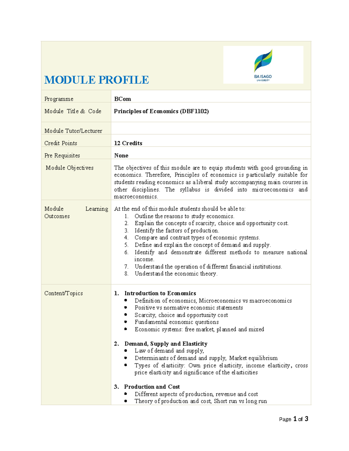 Principles of Economics DBF1102 - Module outline-1 - MODULE PROFILE ...
