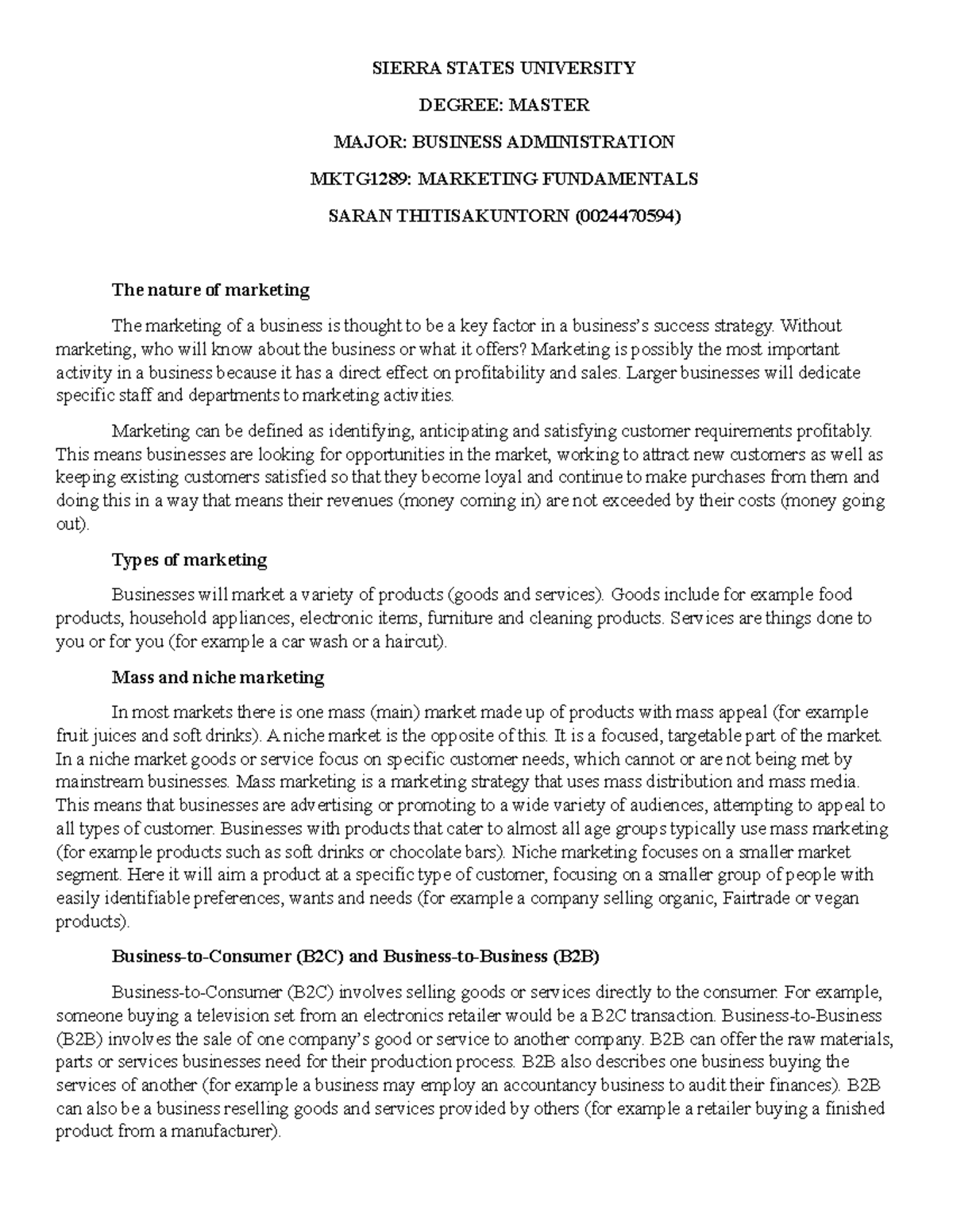 Marketing Fundamentals - SIERRA STATES UNIVERSITY DEGREE: MASTER MAJOR ...