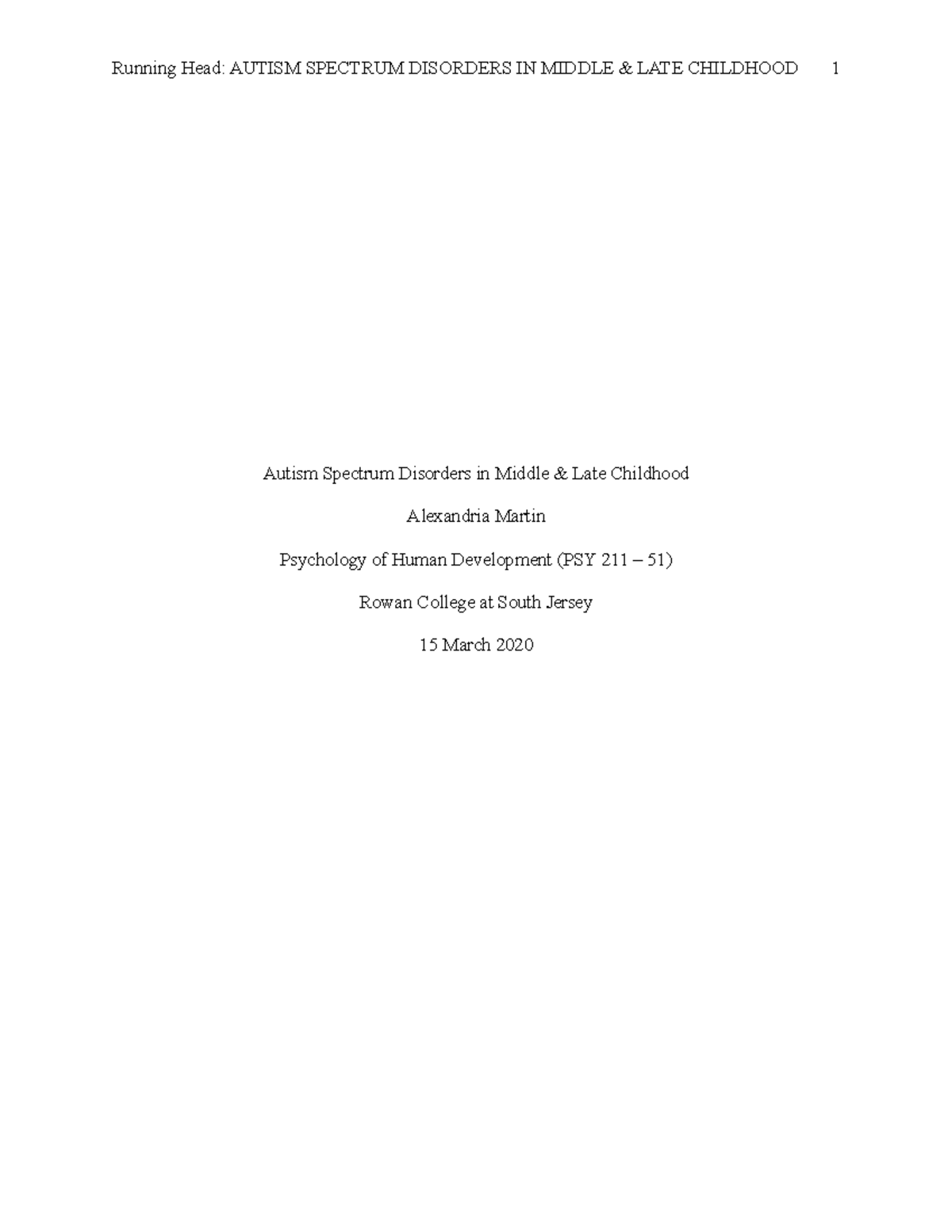 Essay - Autism Spectrum Disorders in Middle & Late Childhood - Running ...