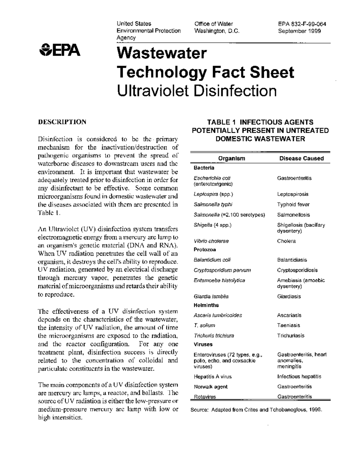 Wastewater Fact Sheet - UV Disinfection - United States Office of Water ...