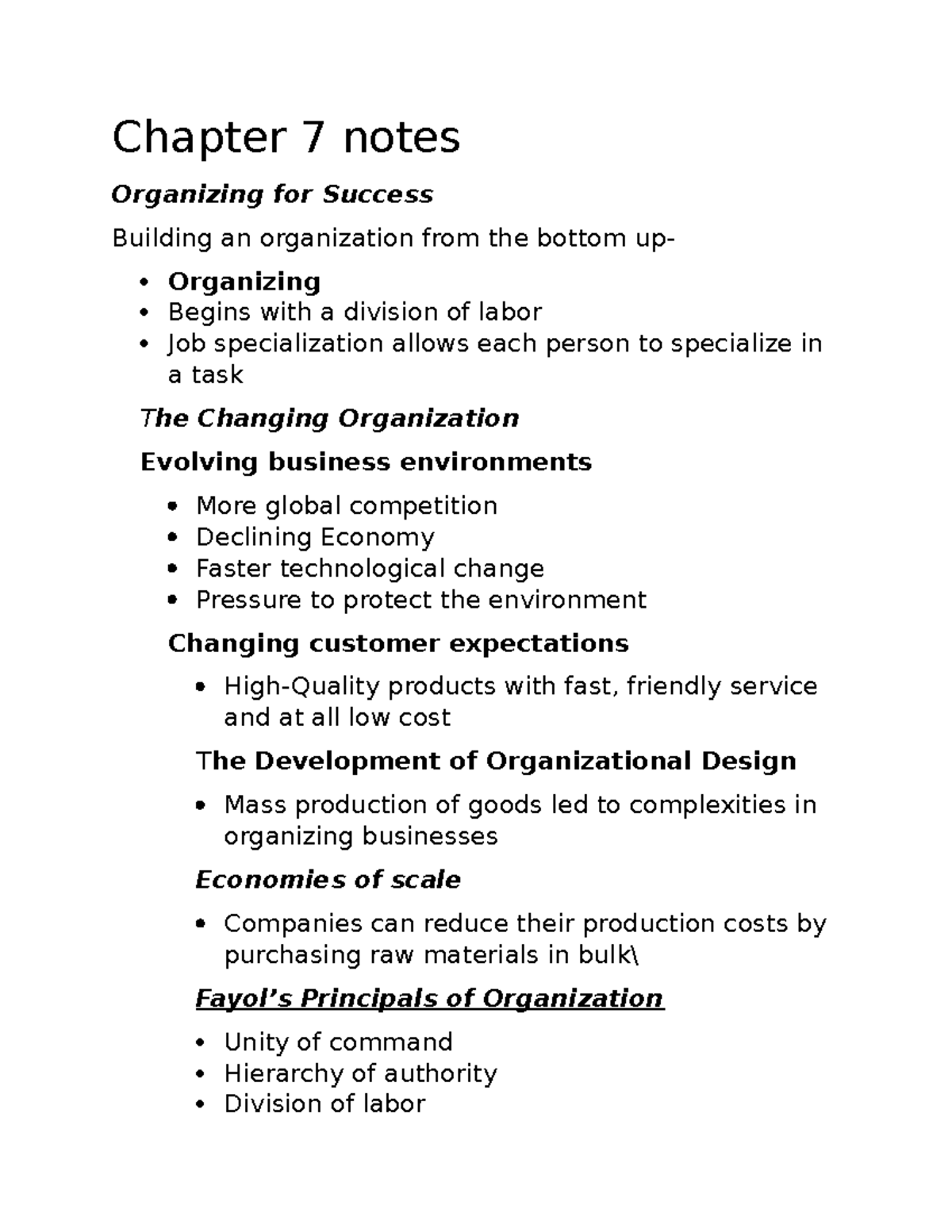 Chapter 7 notes - Chapter 7 notes Organizing for Success Building an ...