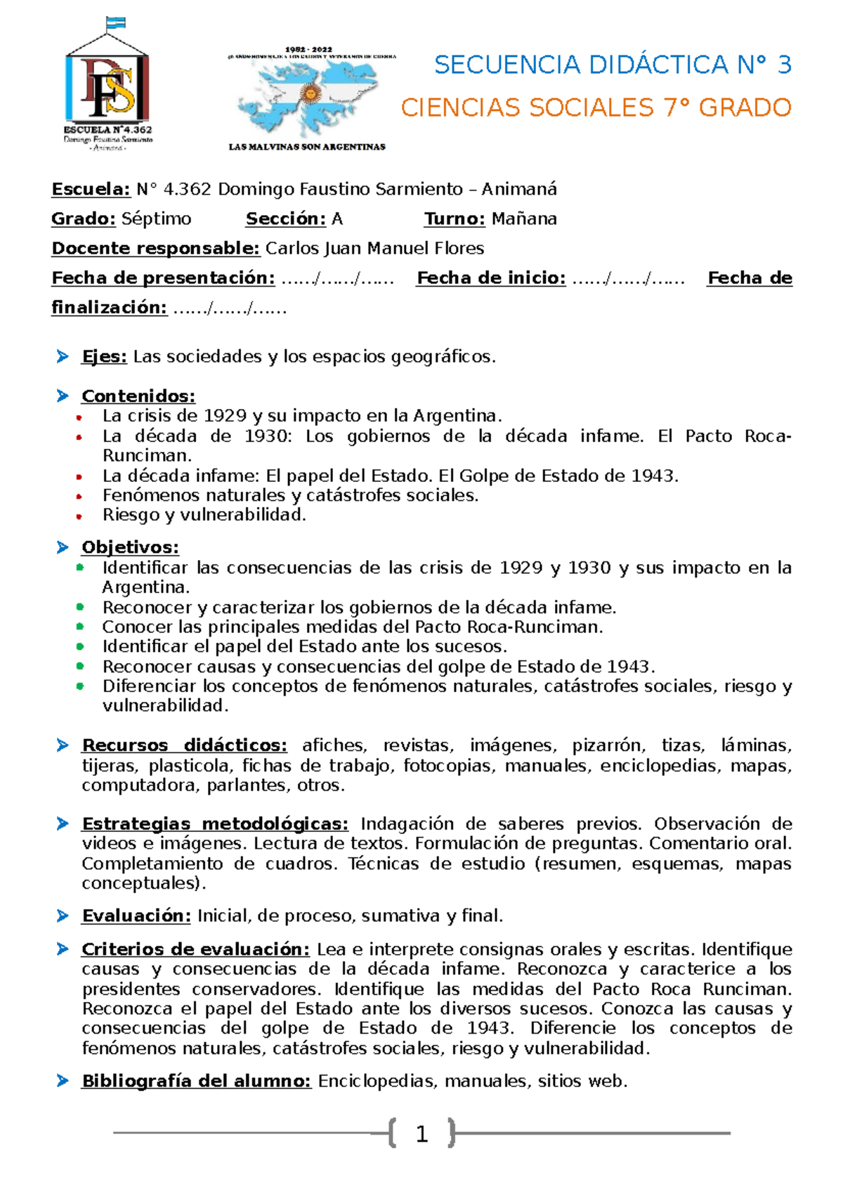 Secuencia Didáctica Sociales Séptimo Grado 2022 - CIENCIAS SOCIALES 7° GRADO Escuela: N° 4 ...