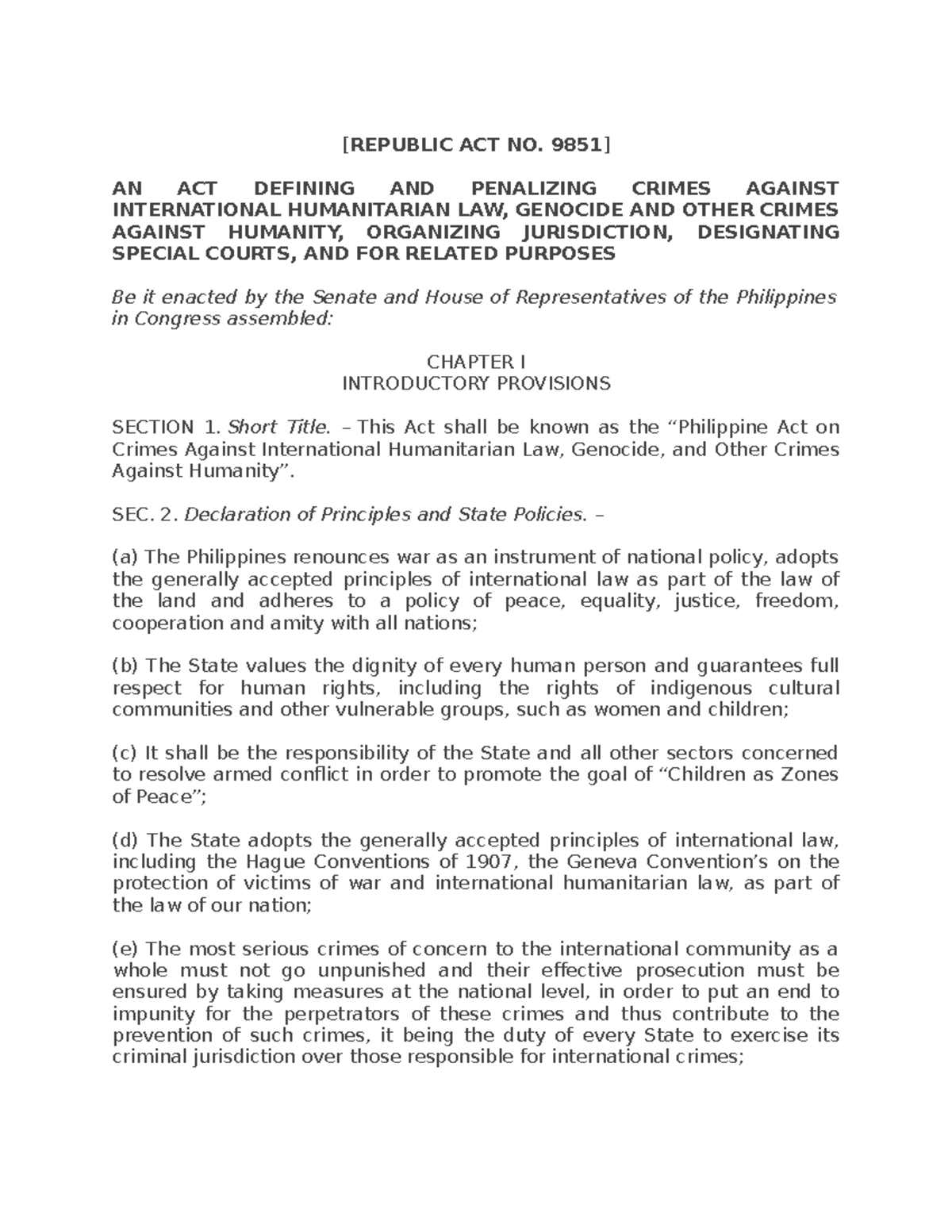 RA 9851 RA 9851RA 9851RA 9851 - [ REPUBLIC ACT NO. 9851 ] AN ACT ...