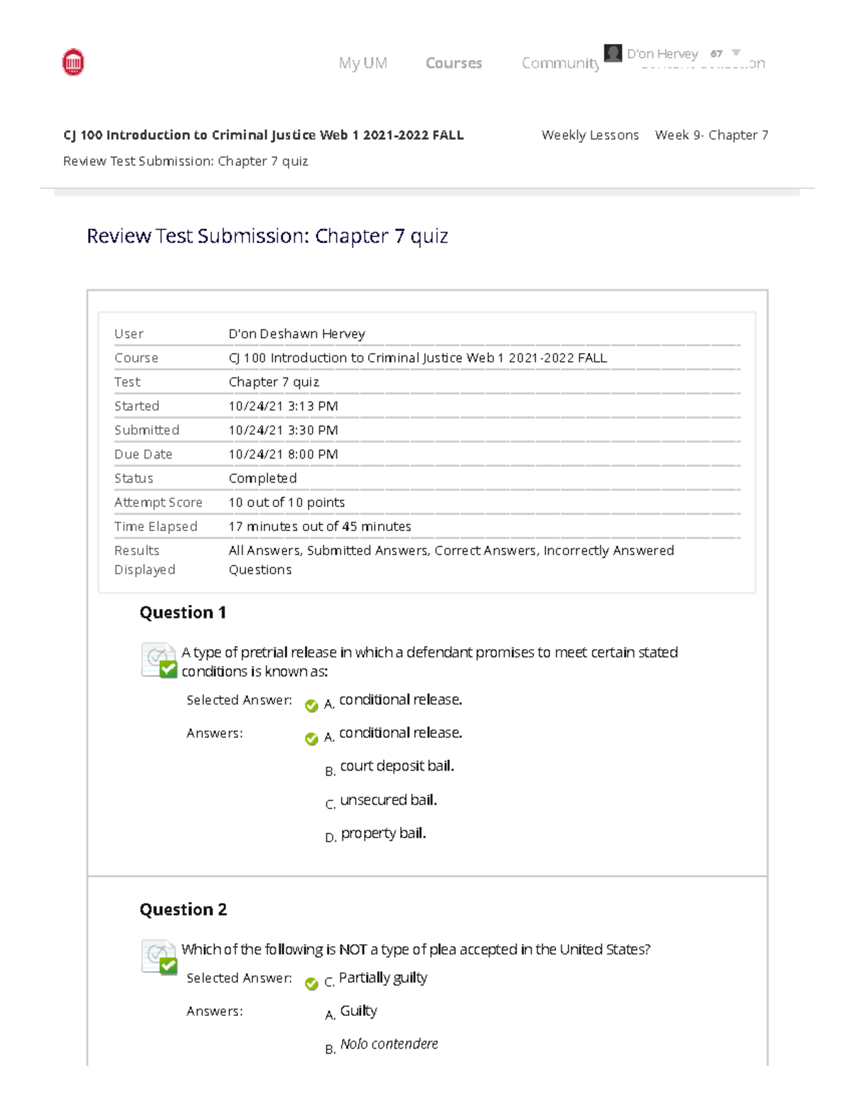 Review Test Submission Chapter 7 quiz – CJ 100 - CJ 100 - Ole Miss ...