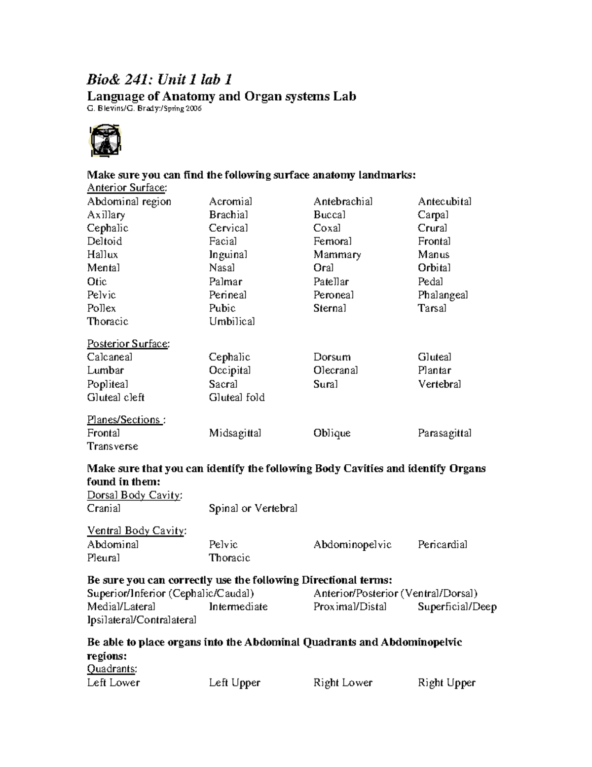 Wordbank 1 - Anatomy and Physiology, empty word bank - Bio& 241: Unit 1 lab 1 Language of - Studocu