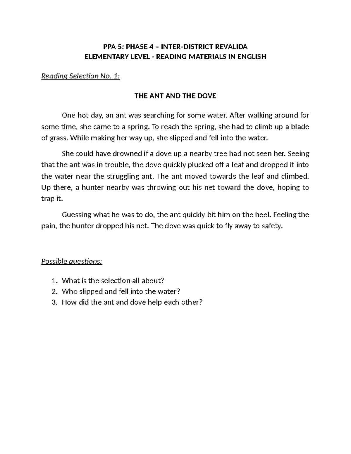 PPA 5 ELEM English Reading Materials - ELEMENTARY LEVEL - READING ...