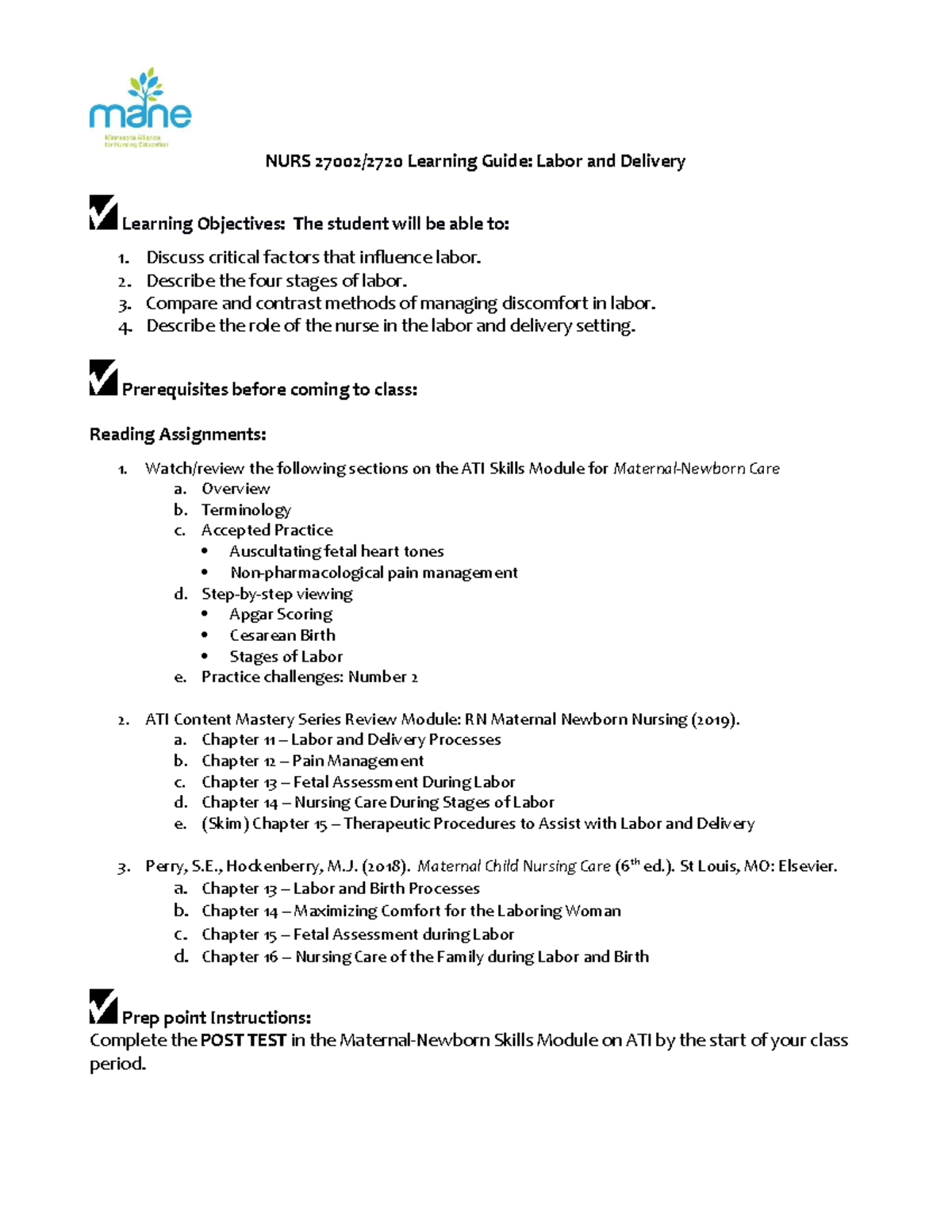 Learning Guide - Labor and Delivery 2023 - NURS 27002/2720 Learning ...