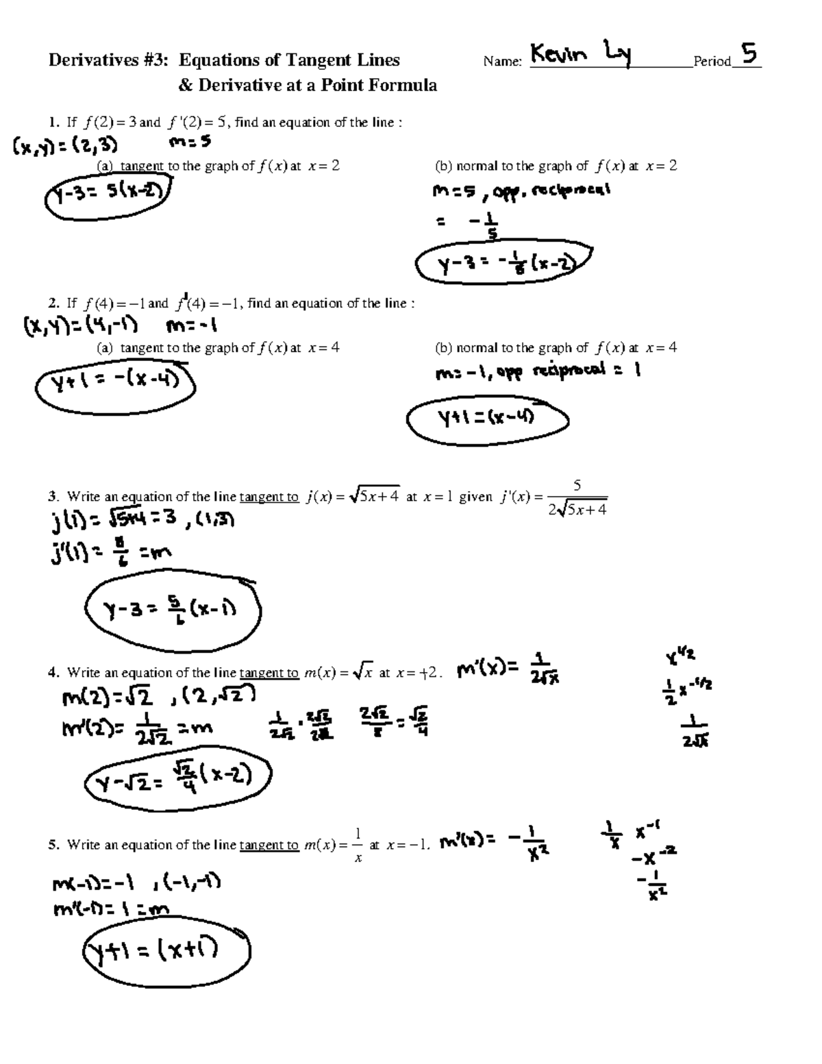 Math Calculus Derivatives (P1) #3 Wkst - Derivatives #3: Equations of ...