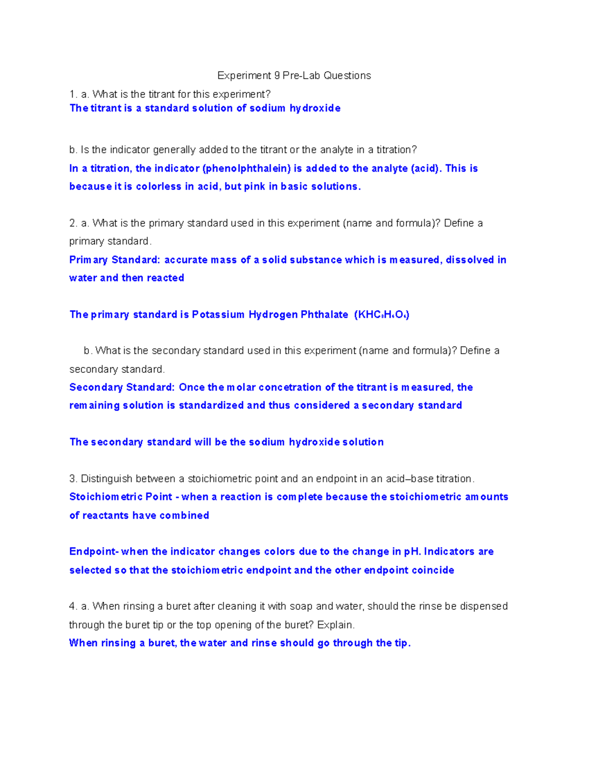 Experiment 9 Pre-Lab Questions - Experiment 9 Pre-Lab Questions a. What is the titrant for this ...