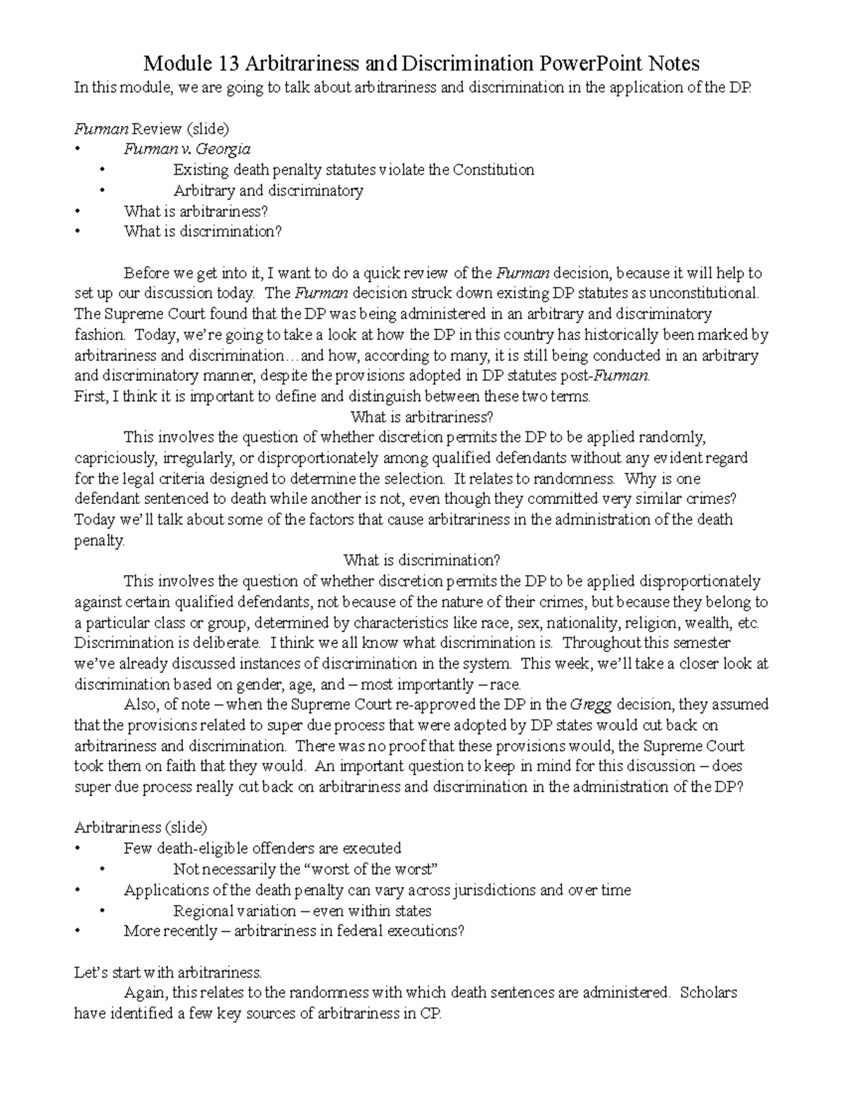 Module 13 Arbitrariness and Discrimination Power Point Notes - Furman ...