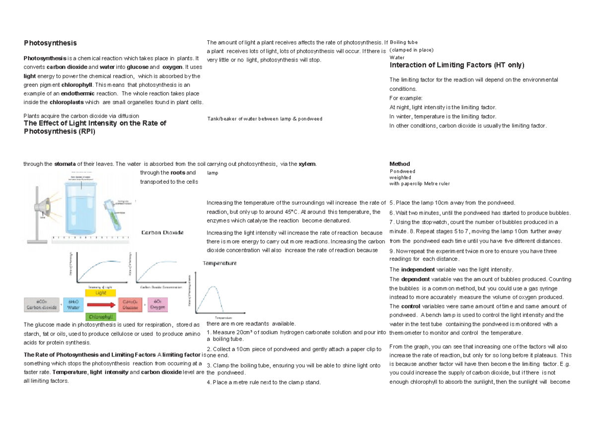 AQA Bioenergetics Knowledge Organiser - AQA Bioenergetics Knowledge Organiser Photosynthesis ...
