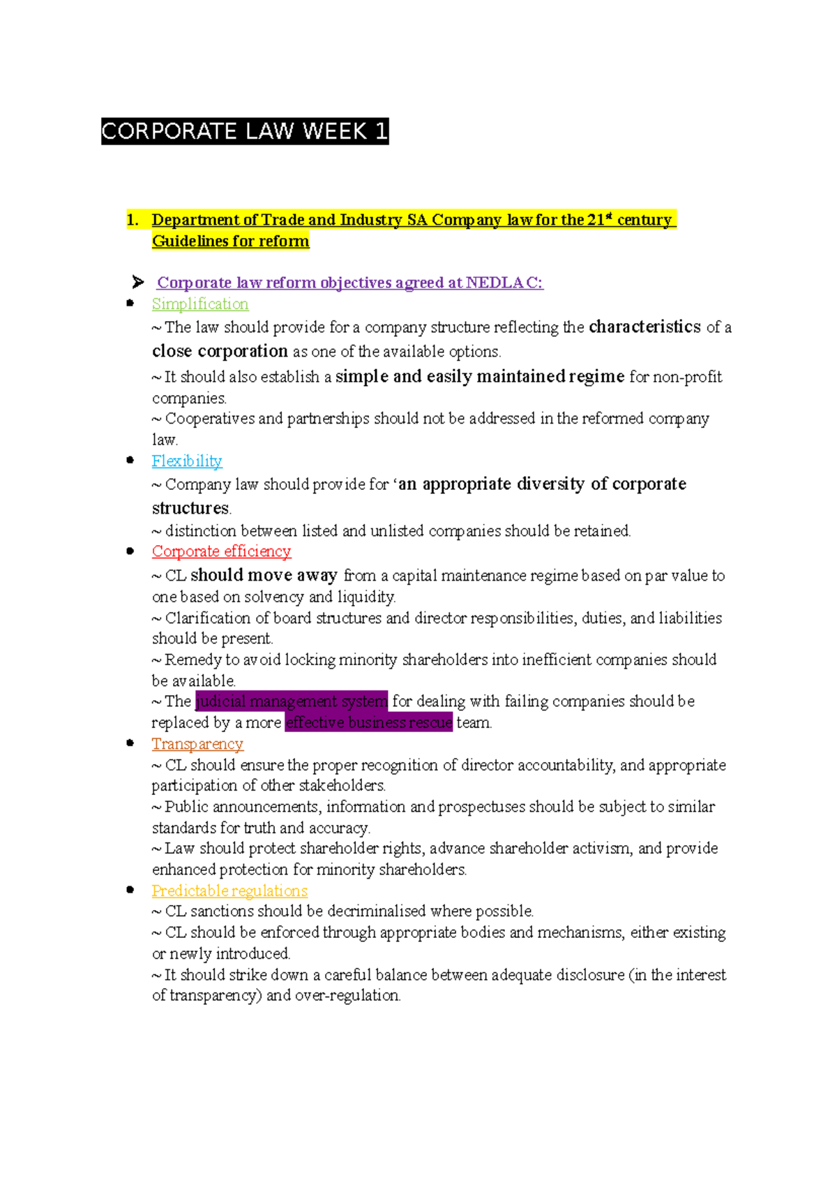Corporate Law Week 1 Summary Corporate Law Week 1 Department Of