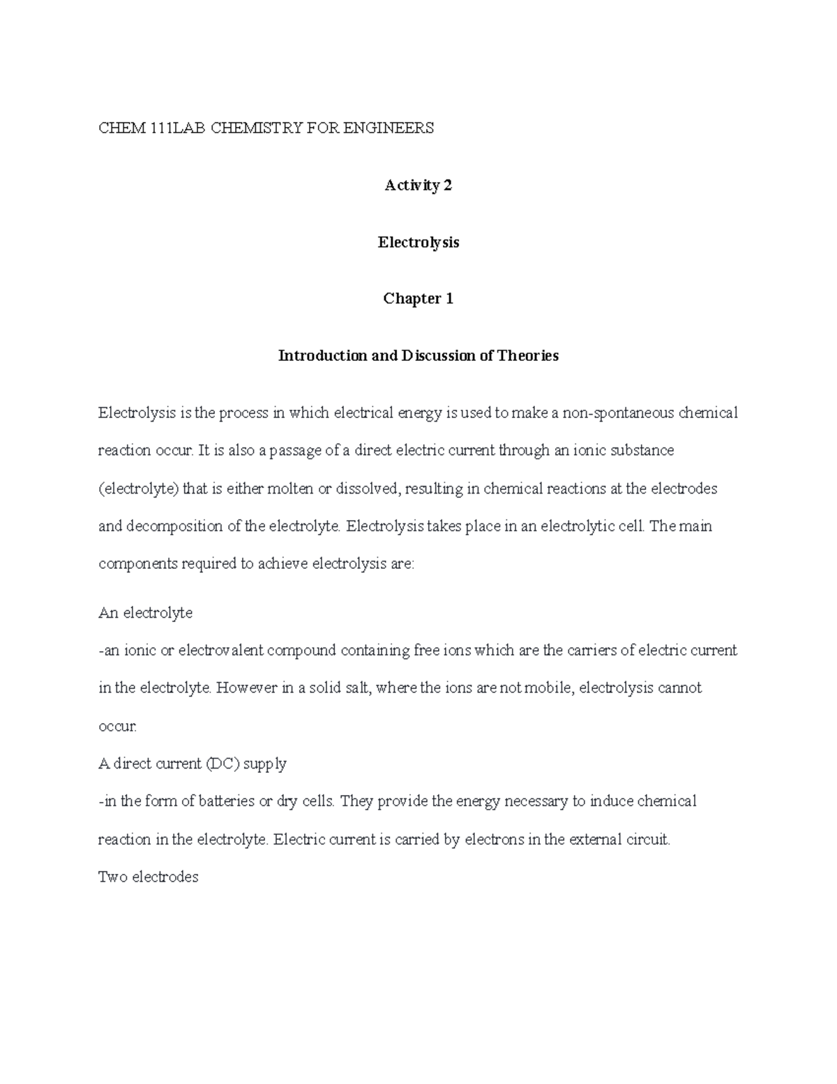 CHEM LAB Electrolysis - Lecture notes 1 - Chemistry - WMSU - Studocu
