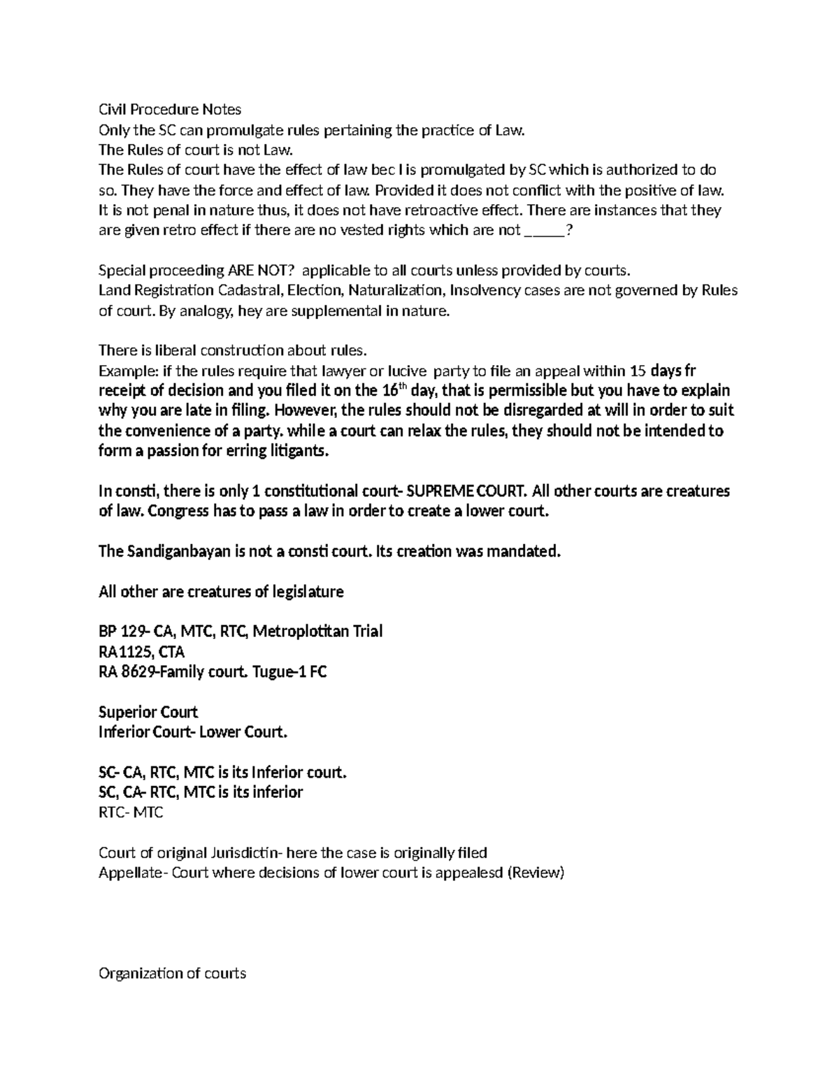 Civil Pro - Civil Procedure Notes Only the SC can promulgate rules ...