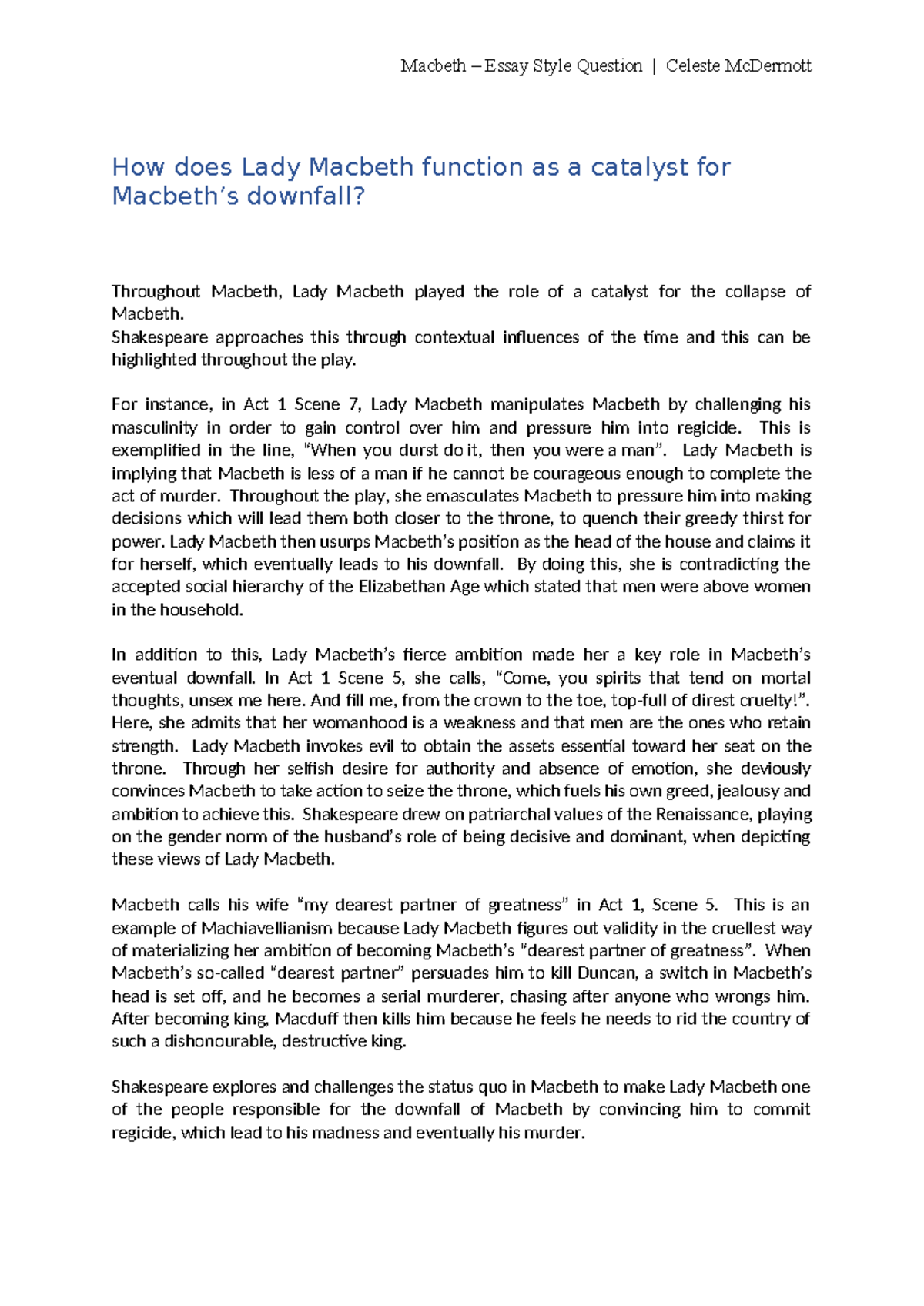 Lady Macbeth Essay - wfdbsf - Macbeth – Essay Style Question | Celeste ...