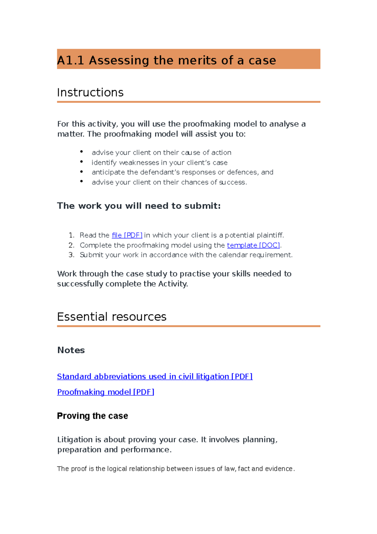 A1 - 111 - A1 Assessing the merits of a case Instructions For this ...
