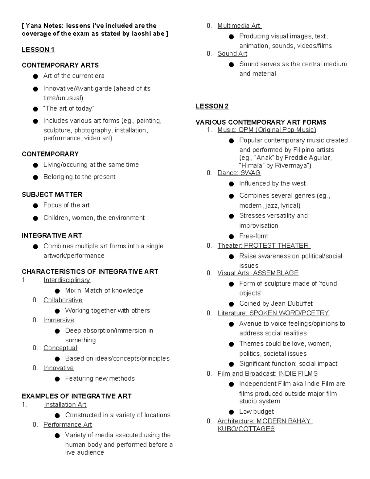 Contemporary Arts Reviewer - [ Yana Notes: lessons i've included are ...