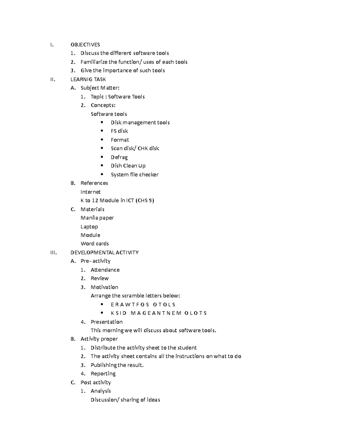 Software tools -grade 9 - third grading - I. OBJECTIVES Discuss the ...