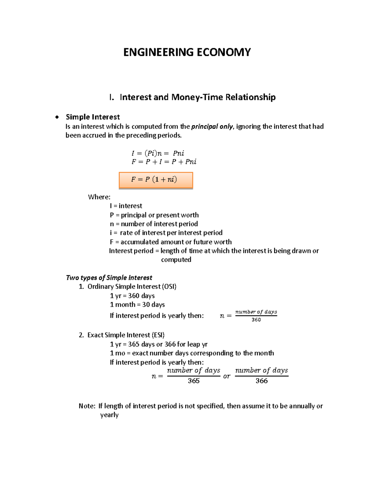 Lecture Notes FOR ENGINEERSA - ENGINEERING ECONOMY I. Interest and ...