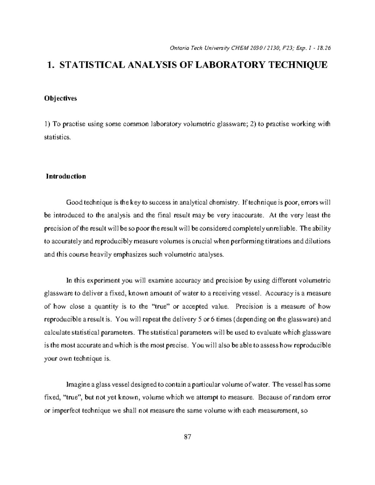 Experiment #1 Intro - 1. STATISTICAL ANALYSIS OF LABORATORY TECHNIQUE ...