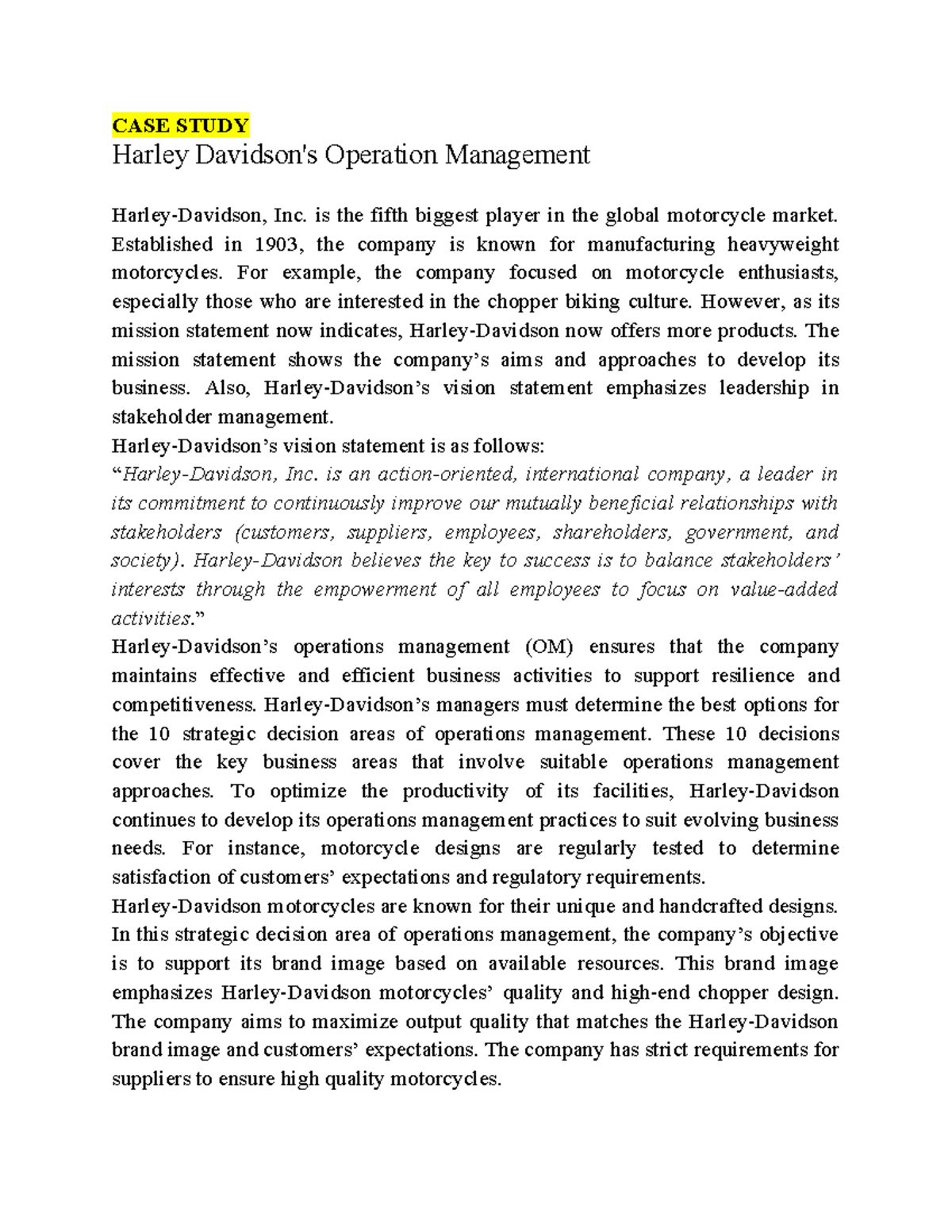 CASE Study Harley 2021 - Operations Management - CASE STUDY Harley ...