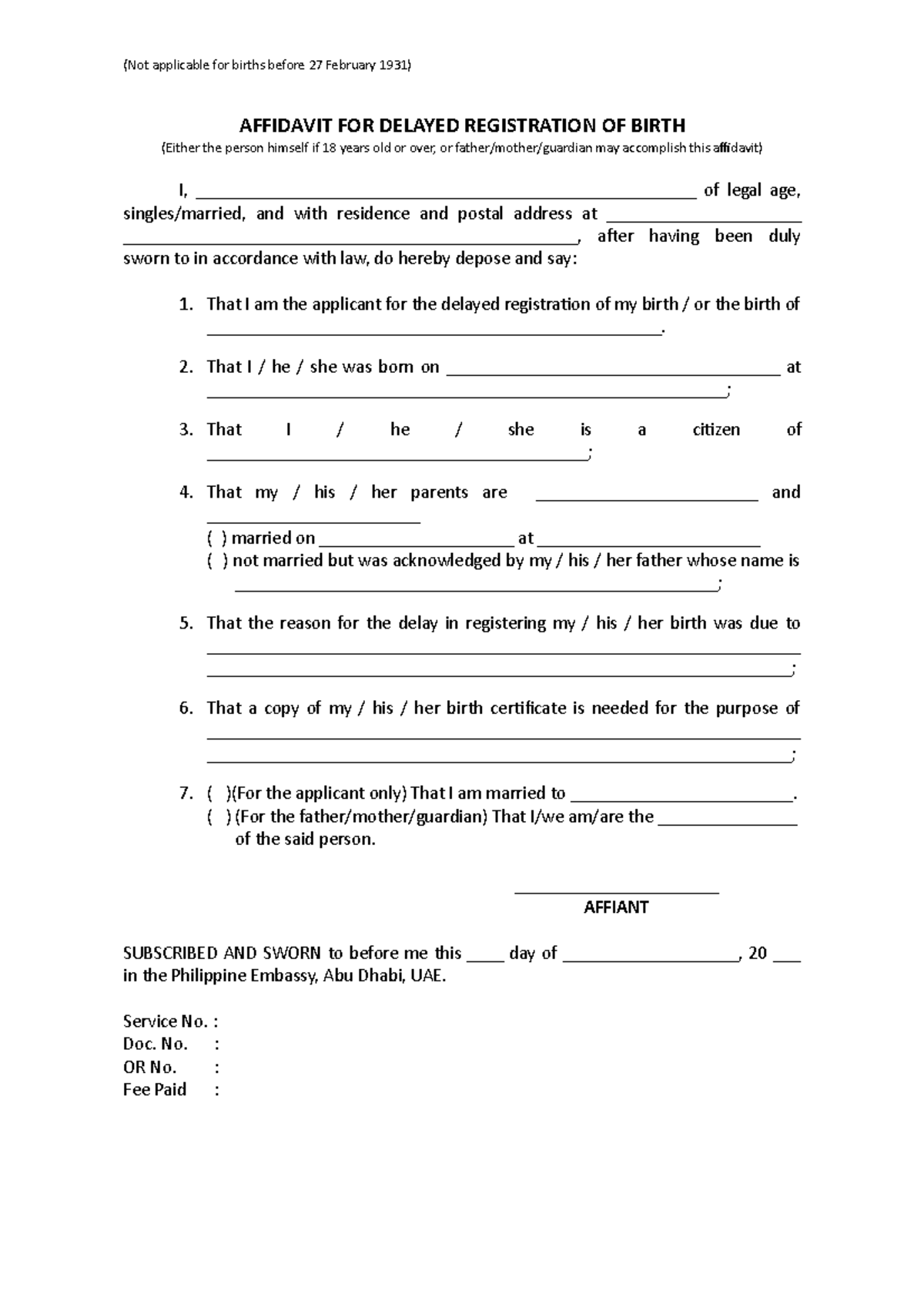 Affidavit FOR Delayed Registration OF Birth - (Not applicable for ...