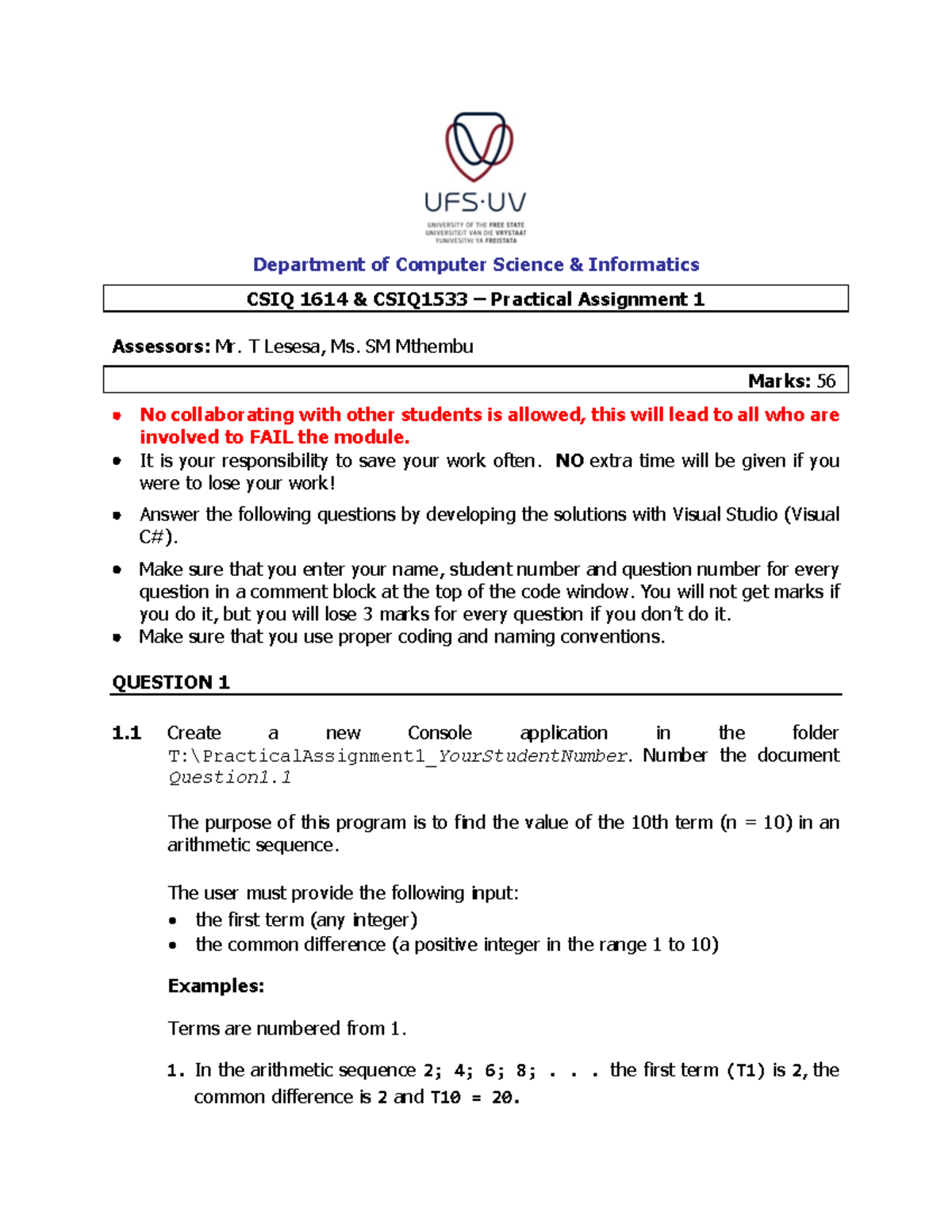 Practical Assignment 1 - T Lesesa, Ms. SM Mthembu Marks: 56 No ...