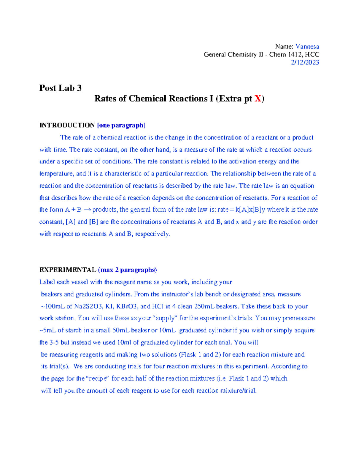 Post lab report 3 template - Name: Vannesa General Chemistry II - Chem ...